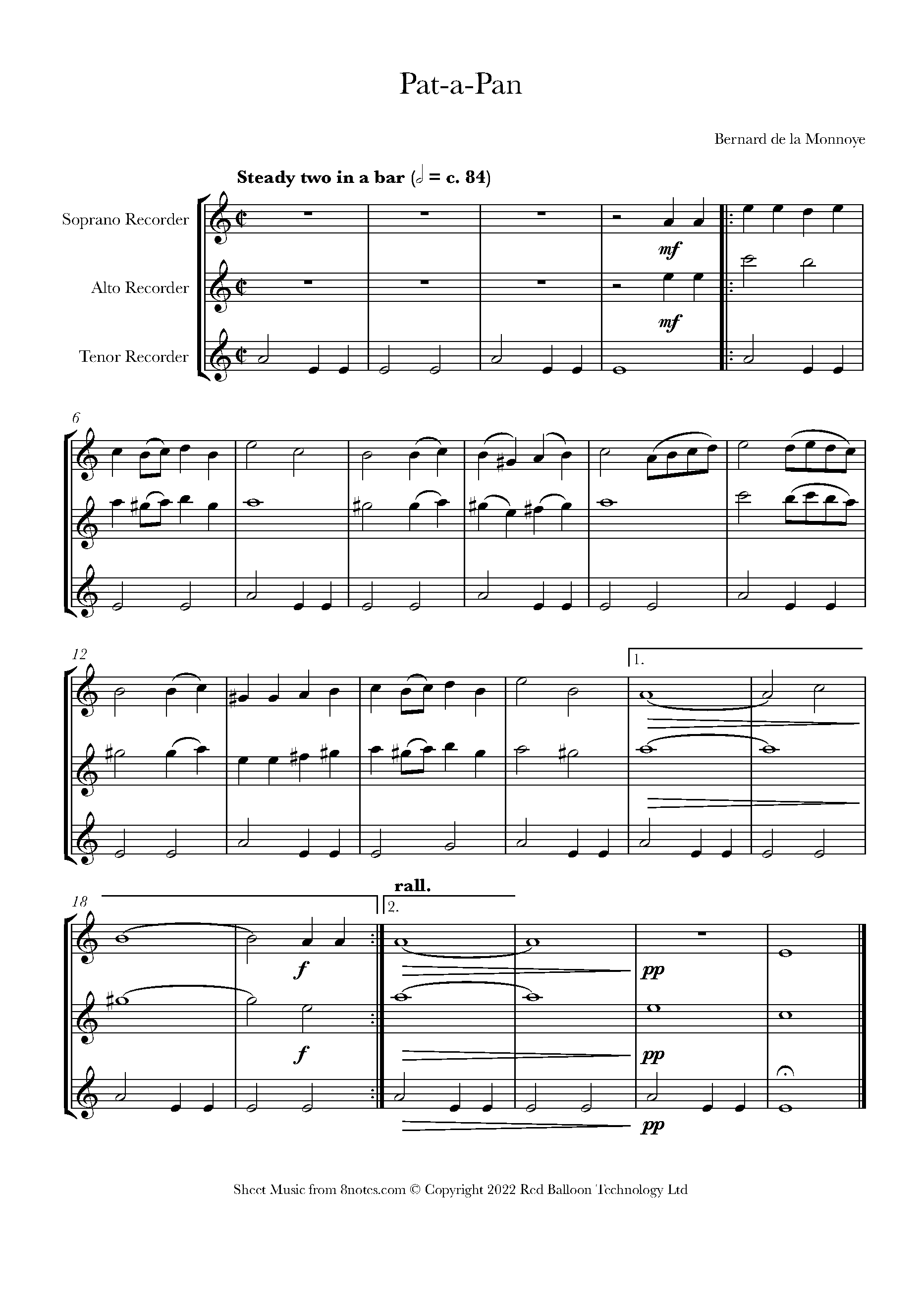 Bernard de la Monnoye - Pat-a-Pan (SAT) Sheet music for Recorder Trio ...