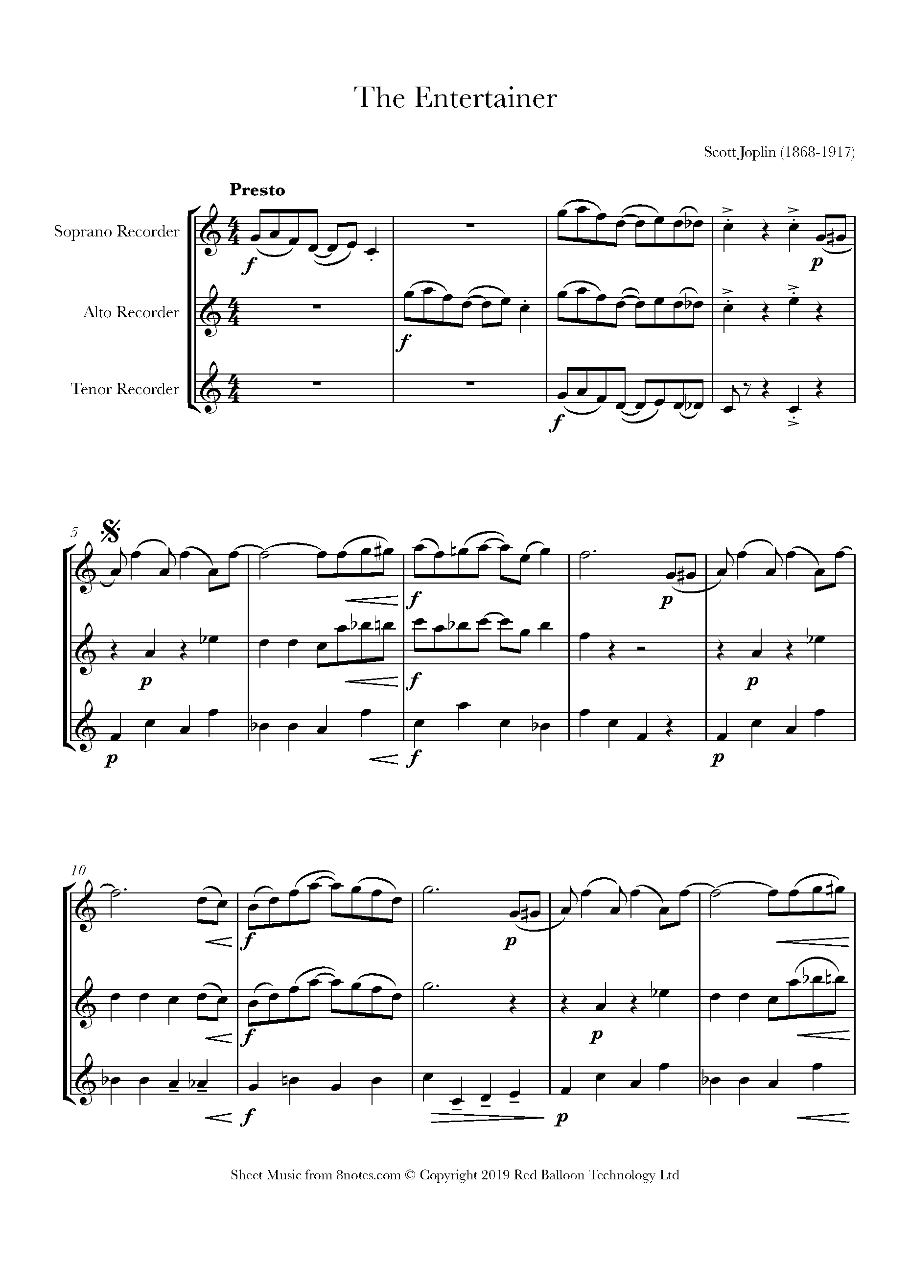 Scott Joplin - The Entertainer Sheet music for Recorder Trio - 8notes.com
