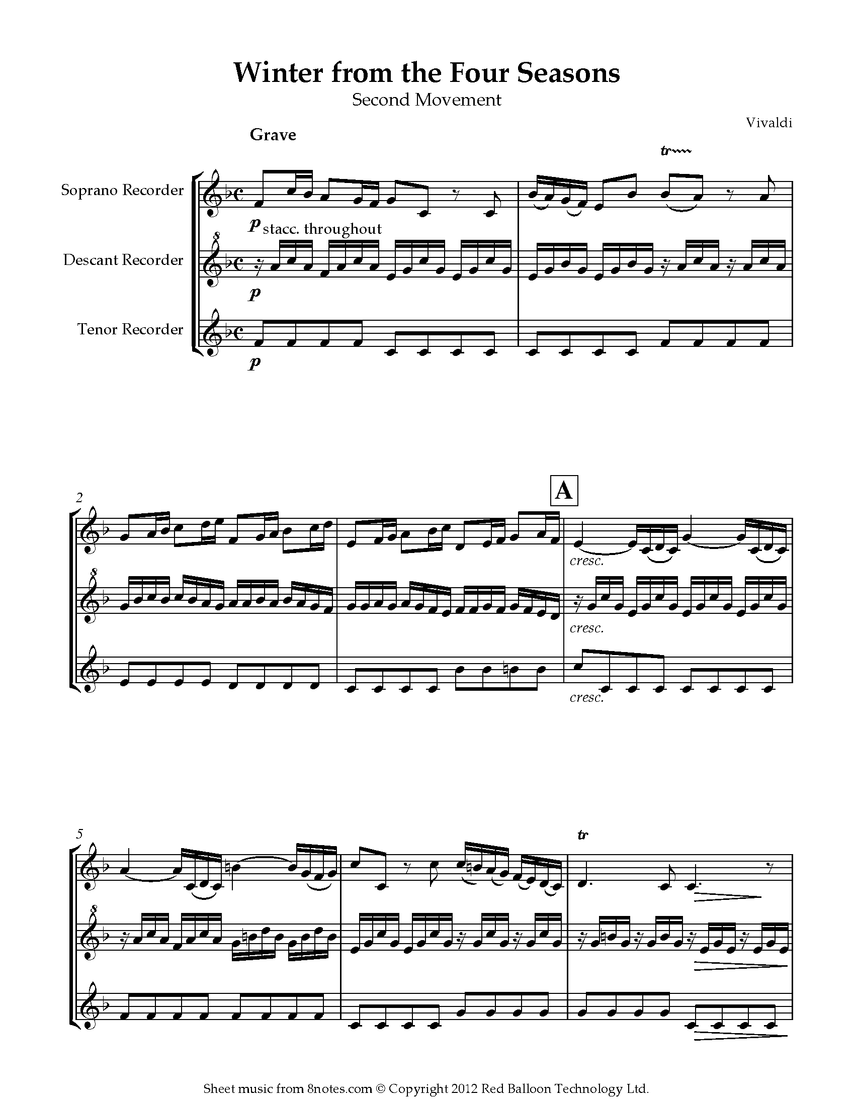 Vivaldi - Winter from the Four Seasons 2nd movement Sheet music for ...