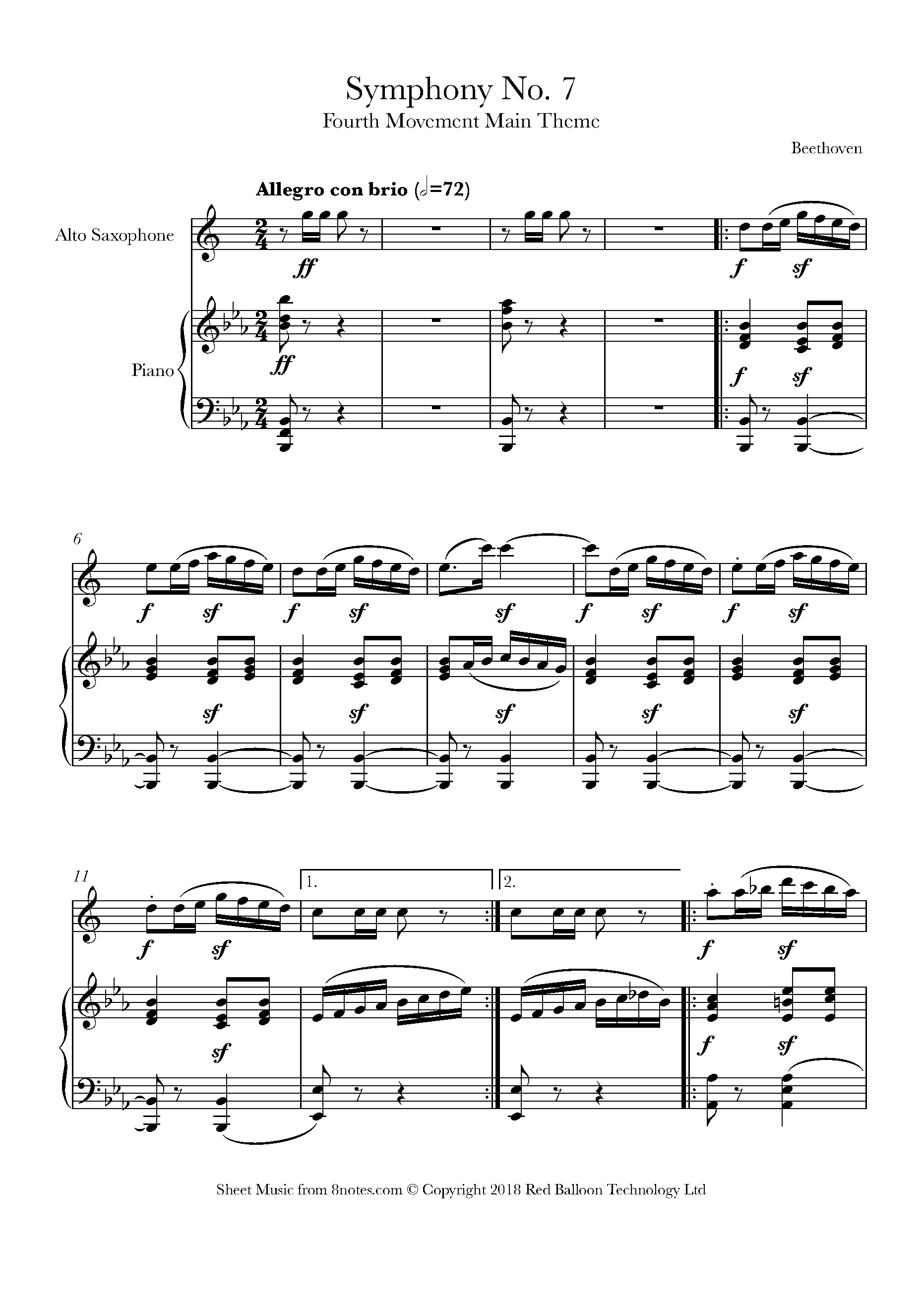 Beethoven - 7th Symphony 4th Mvt Theme Sheet music for Saxophone ...
