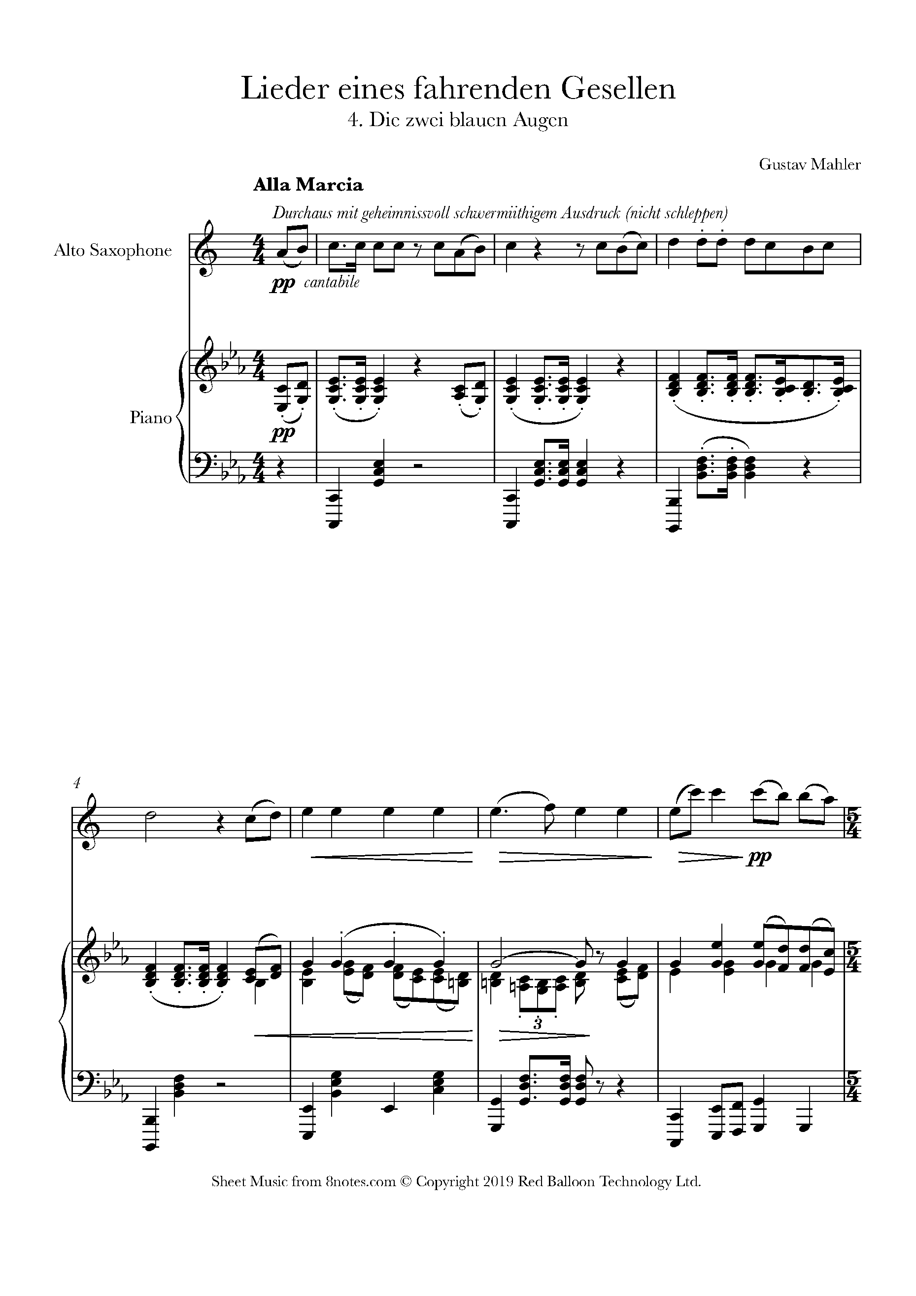 Mahler - Die zwei blauen Augen, No. 4 from Lieder eines fahrenden Gesellen Sheet music for ...