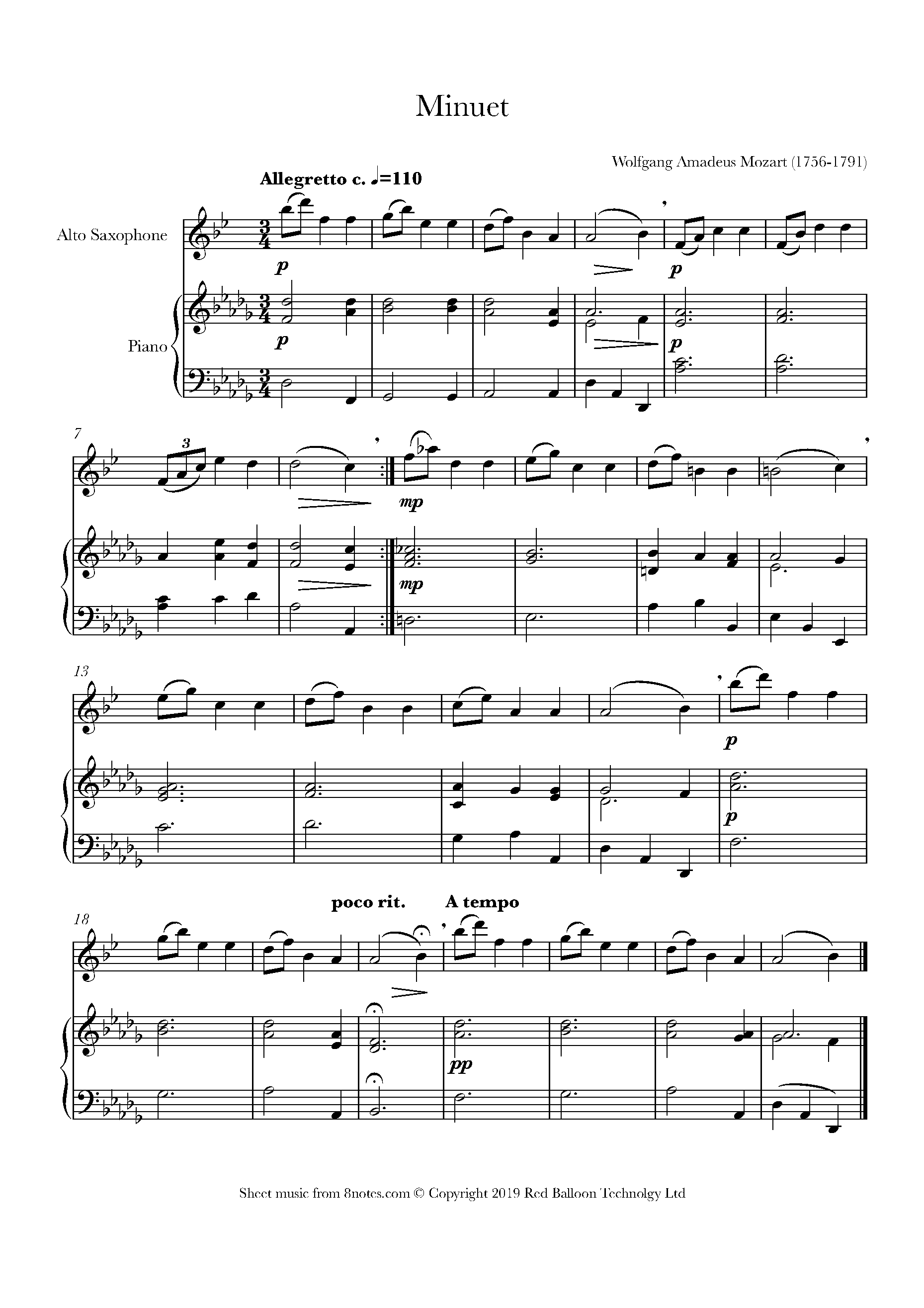 Mozart - Minuet Sheet music for Saxophone - 8notes.com