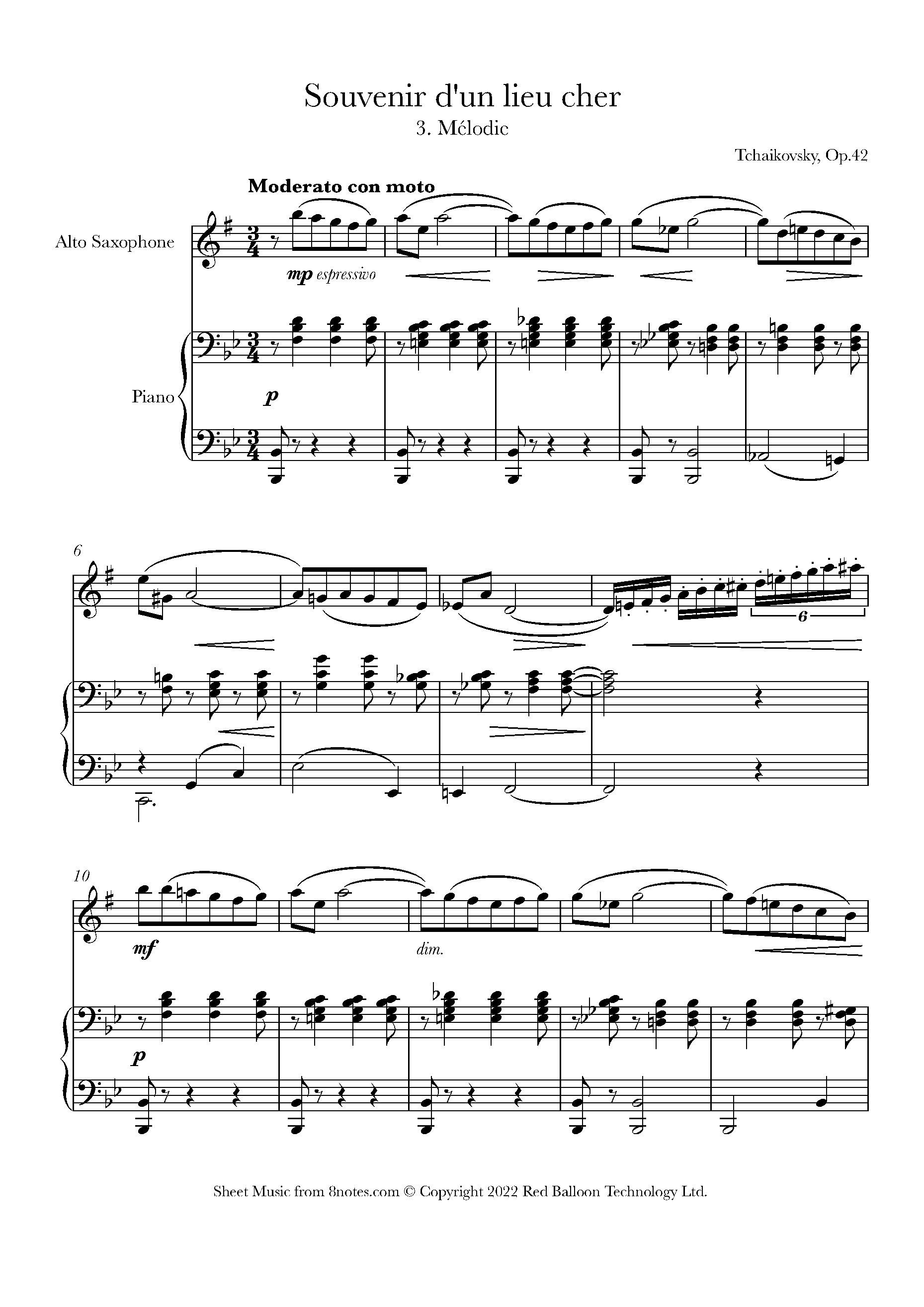 Tchaikovsky - Melodie, No. 3 from Souvenir d'un lieu cher Op.42 Sheet ...