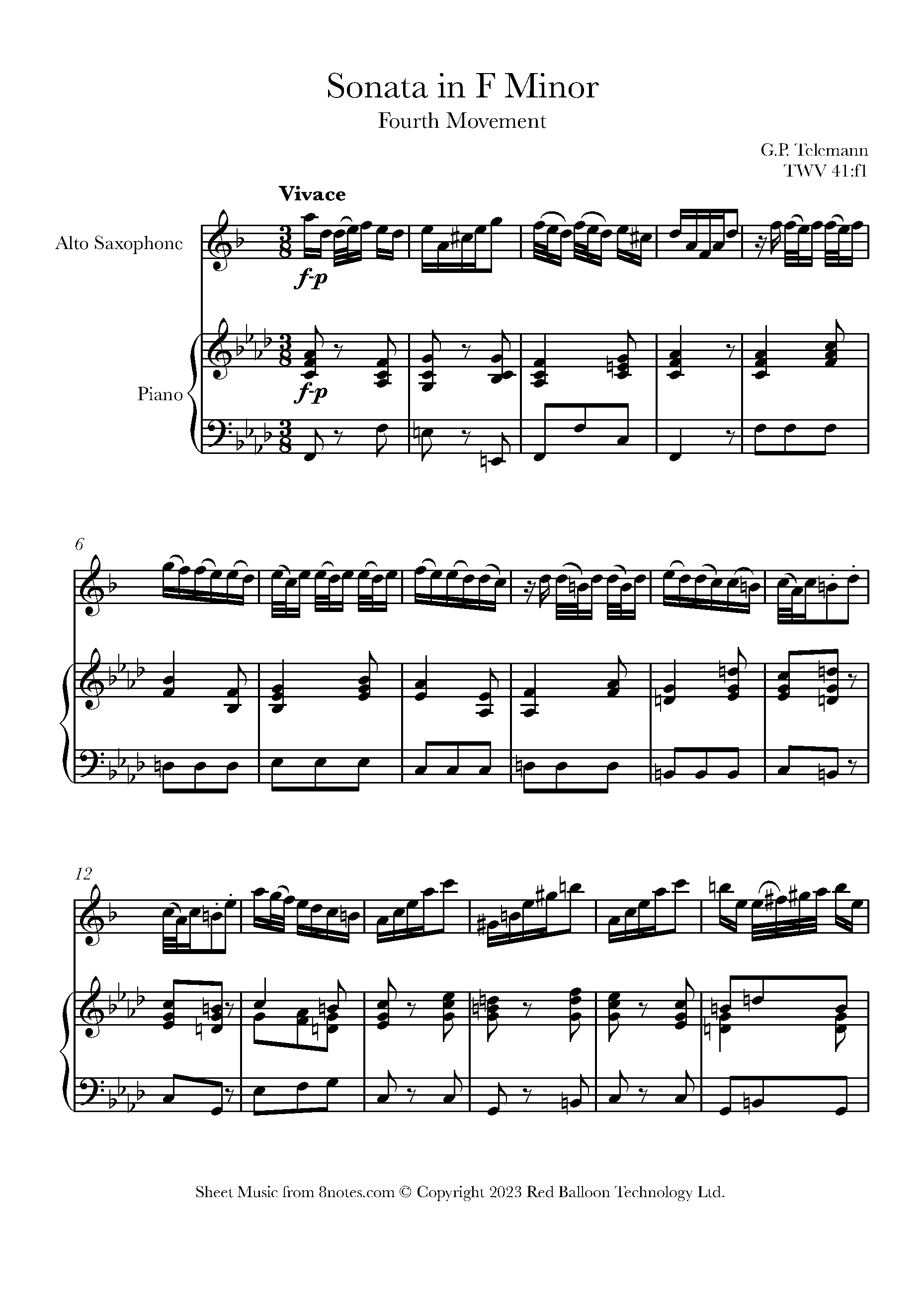 Telemann - Sonata in F Minor, TWV 41:f1, Fourth Movement Sheet music ...