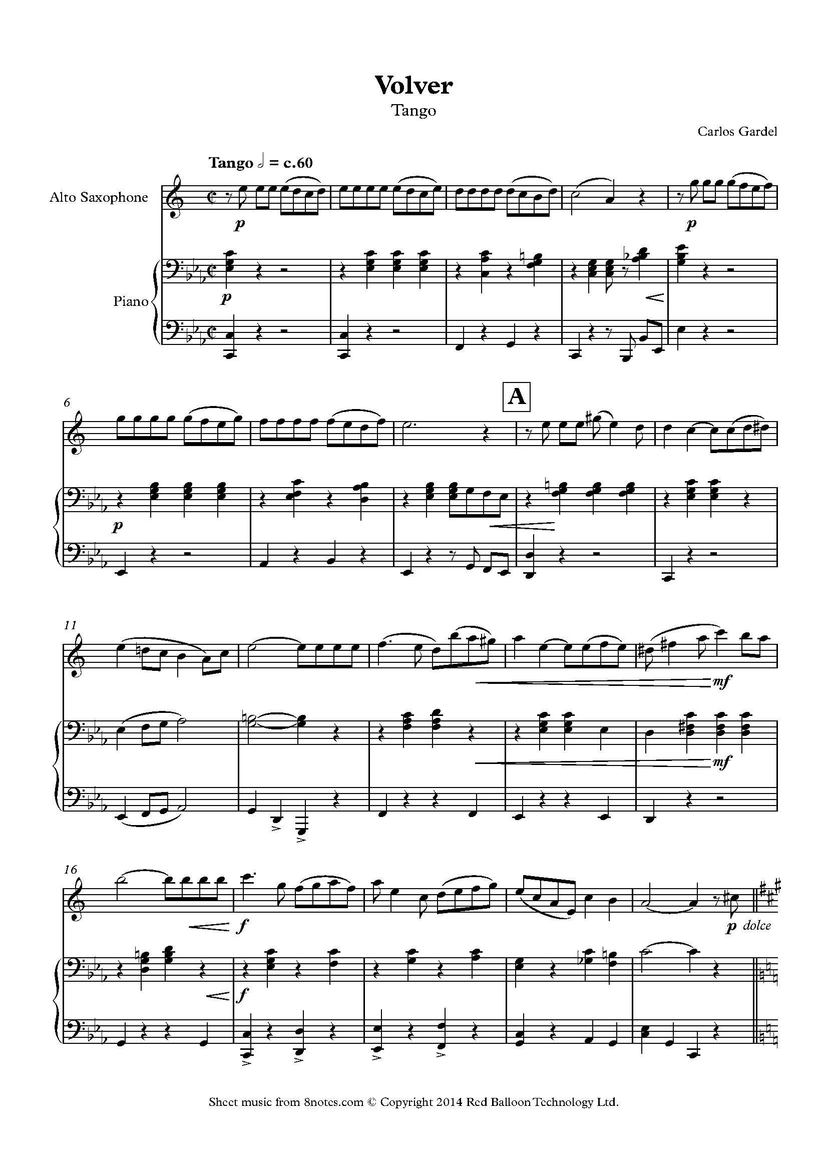 Carlos Gardel - Volver (Tango) Sheet music for Saxophone - 8notes.com