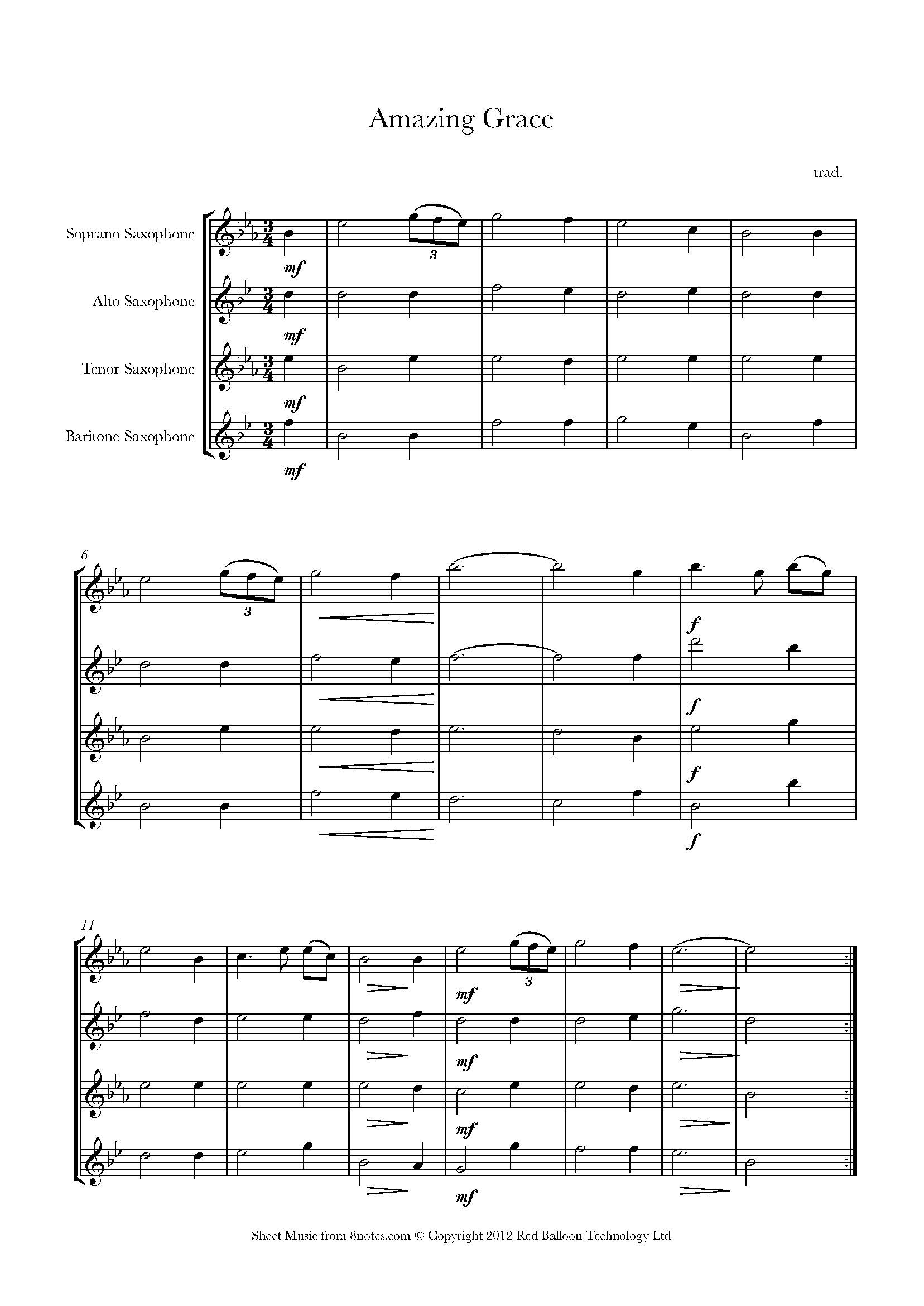 Amazing Grace Sheet music for Saxophone Quartet - 8notes.com