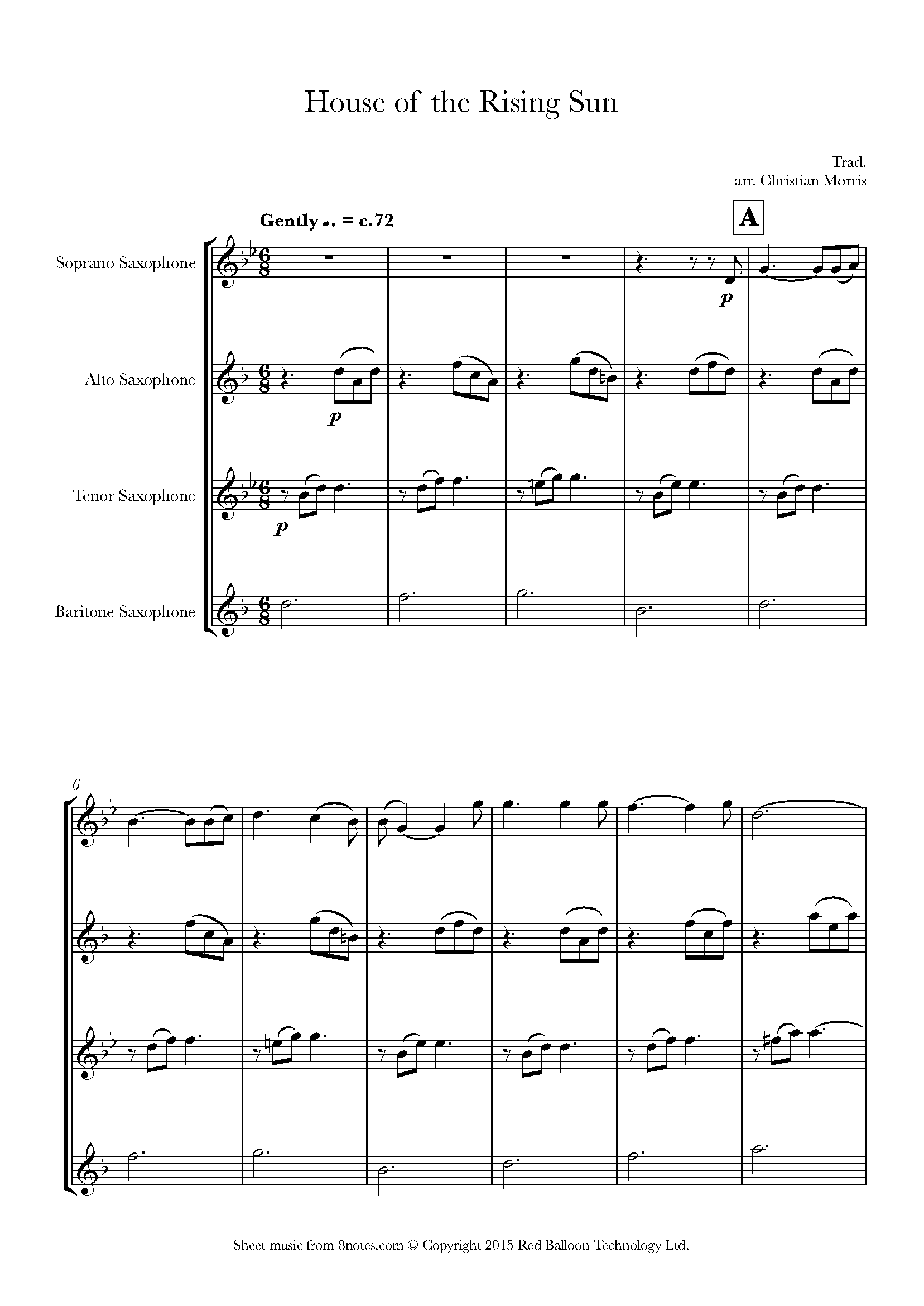 House of the Rising Sun Sheet music for Saxophone Quartet - 8notes.com