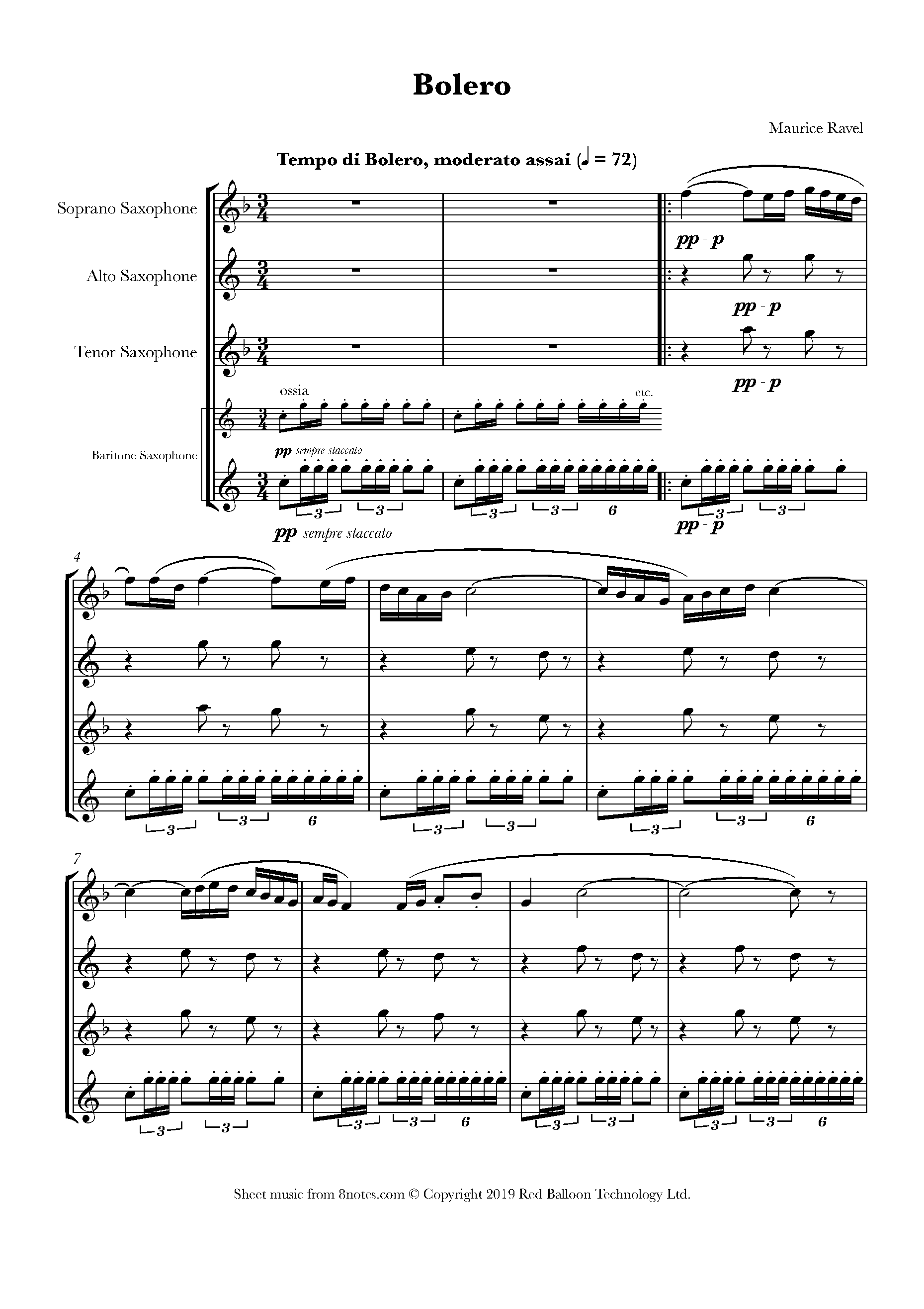 Ravel - Bolero Sheet music for Saxophone Quartet - 8notes.com