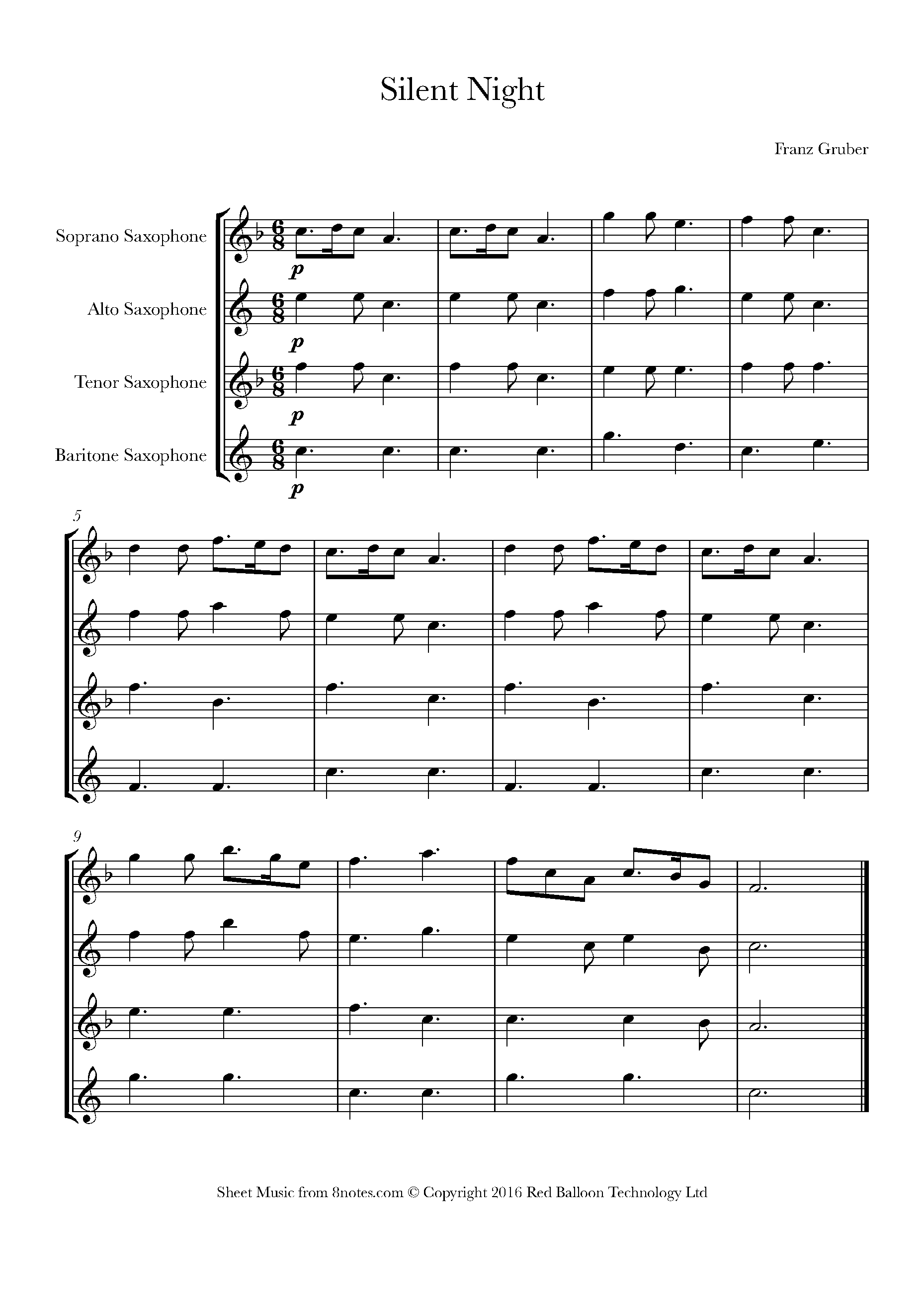 Silent Night Sheet music for Saxophone Quartet - 8notes.com