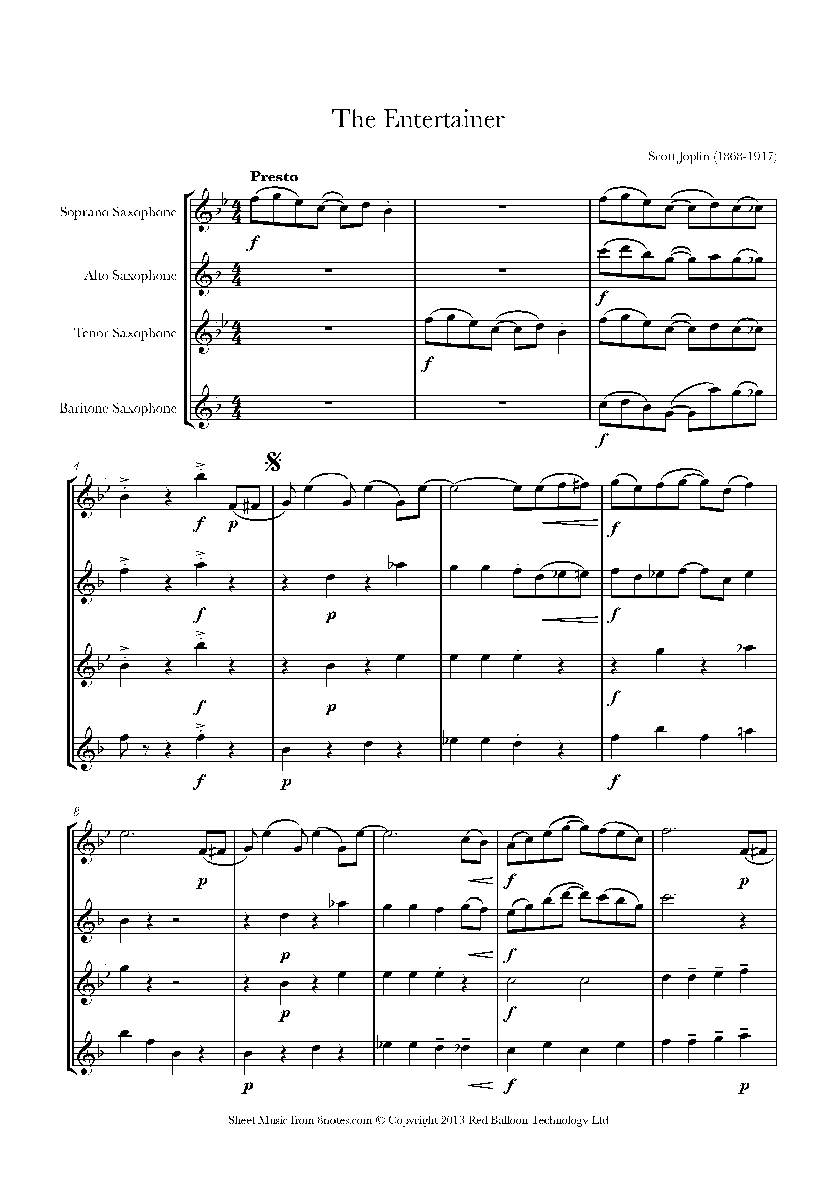 Scott Joplin - The Entertainer Sheet music for Saxophone Quartet ...