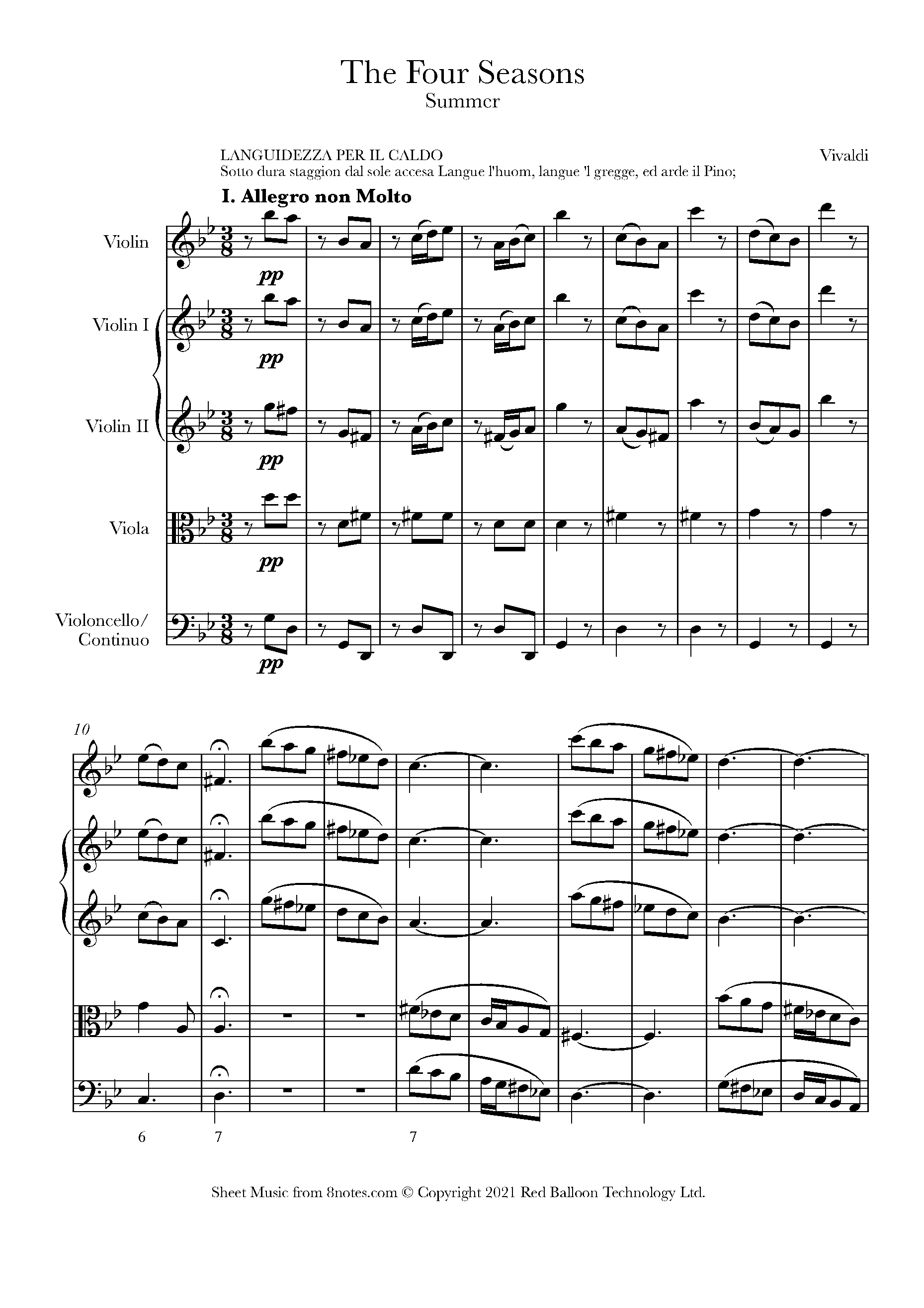 Vivaldi - The Four Seasons Summer, First Movement (Complete) Sheet ...