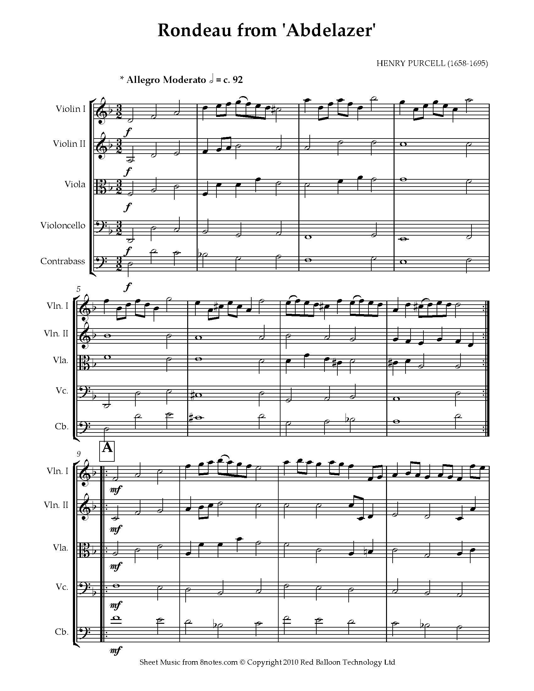 Purcell - Rondeau from Abdelazer Sheet music for String Ensemble ...
