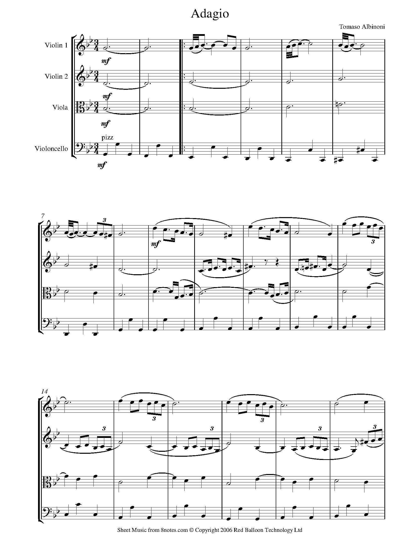 Albinoni - Adagio Sheet music for String Quartet - 8notes.com