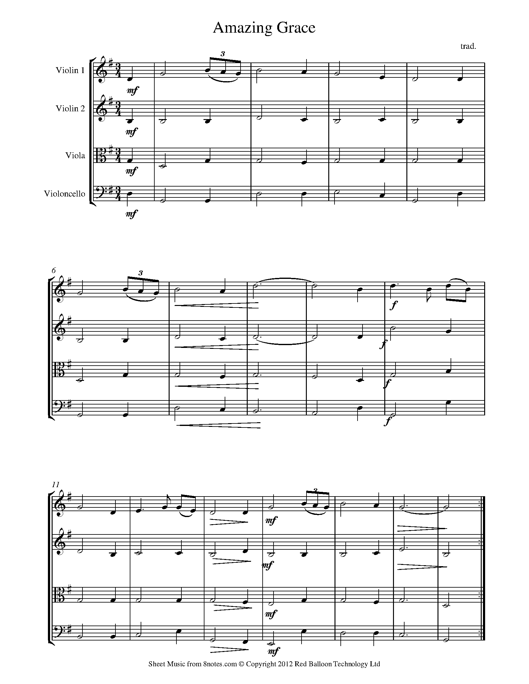 Amazing Grace Sheet music for String Quartet - 8notes.com