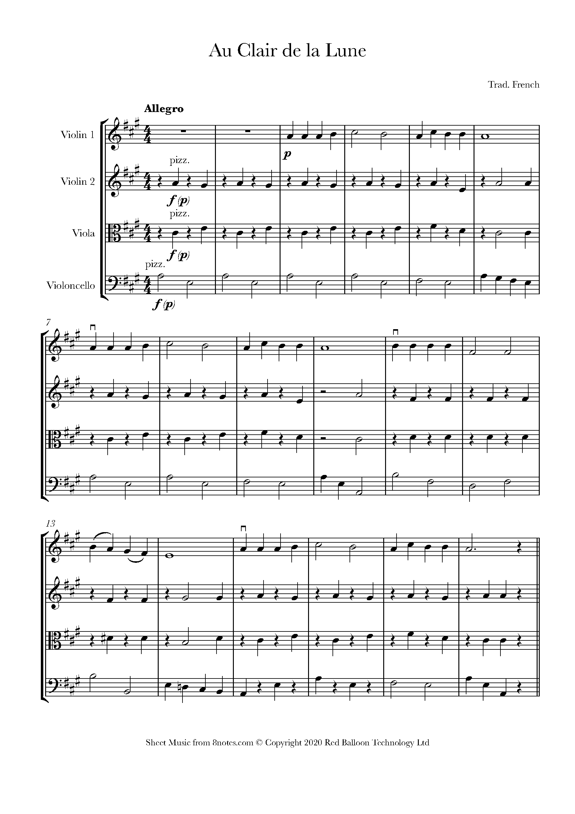 Au Clair De La Lune Sheet music for String Quartet - 8notes.com
