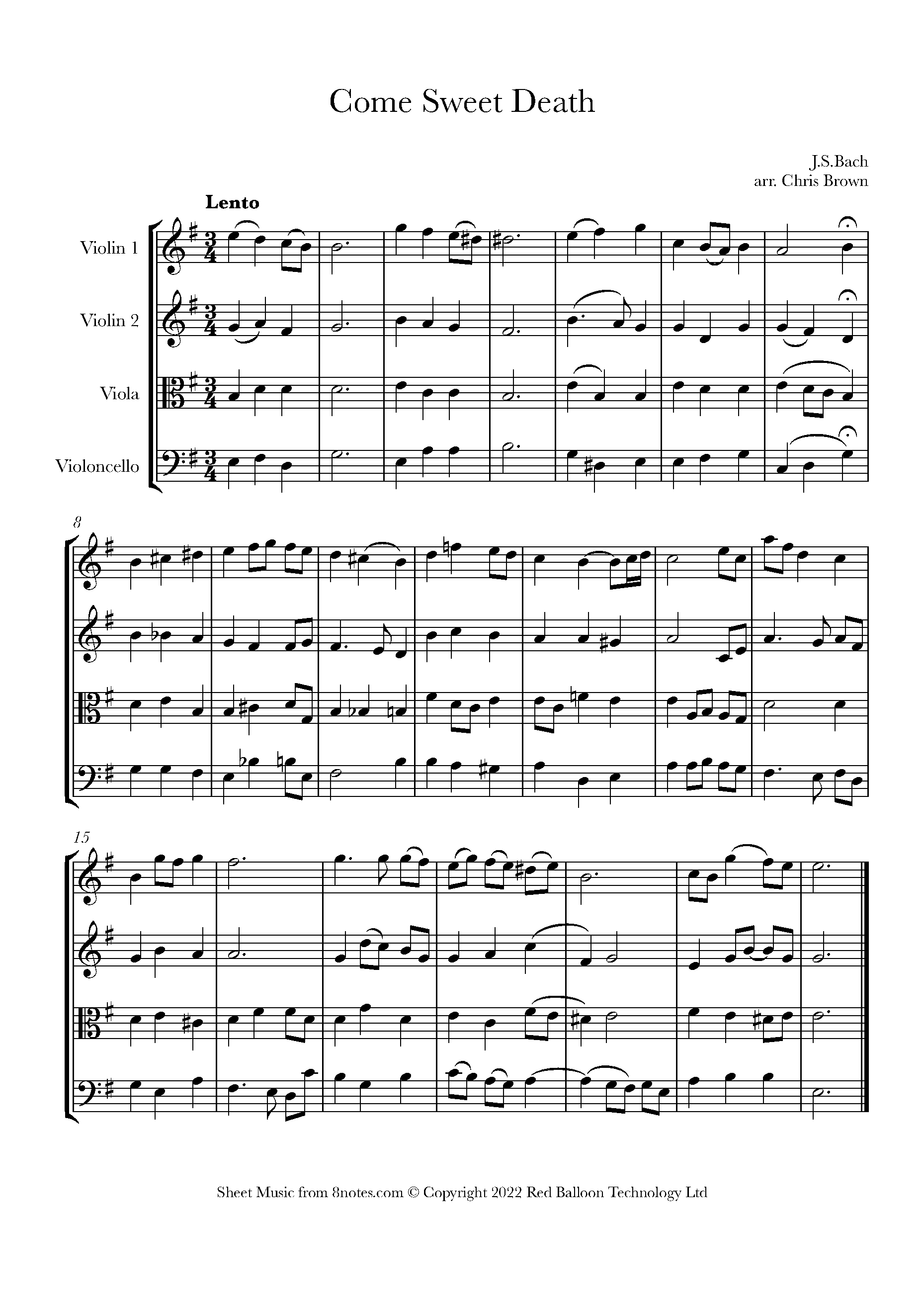 Bach - Come Sweet Death Sheet music for String Quartet - 8notes.com