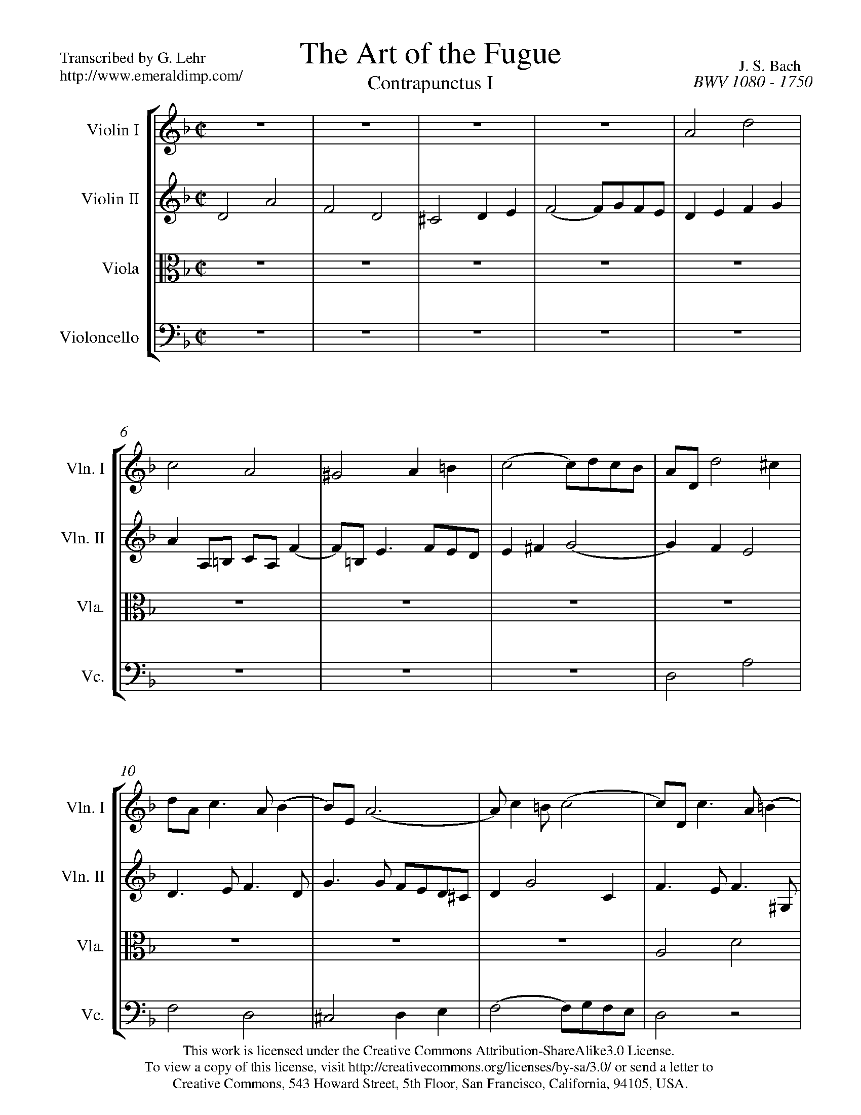 Bach - Contrapunctus 1 from Art of Fugue Sheet music for String Quartet ...