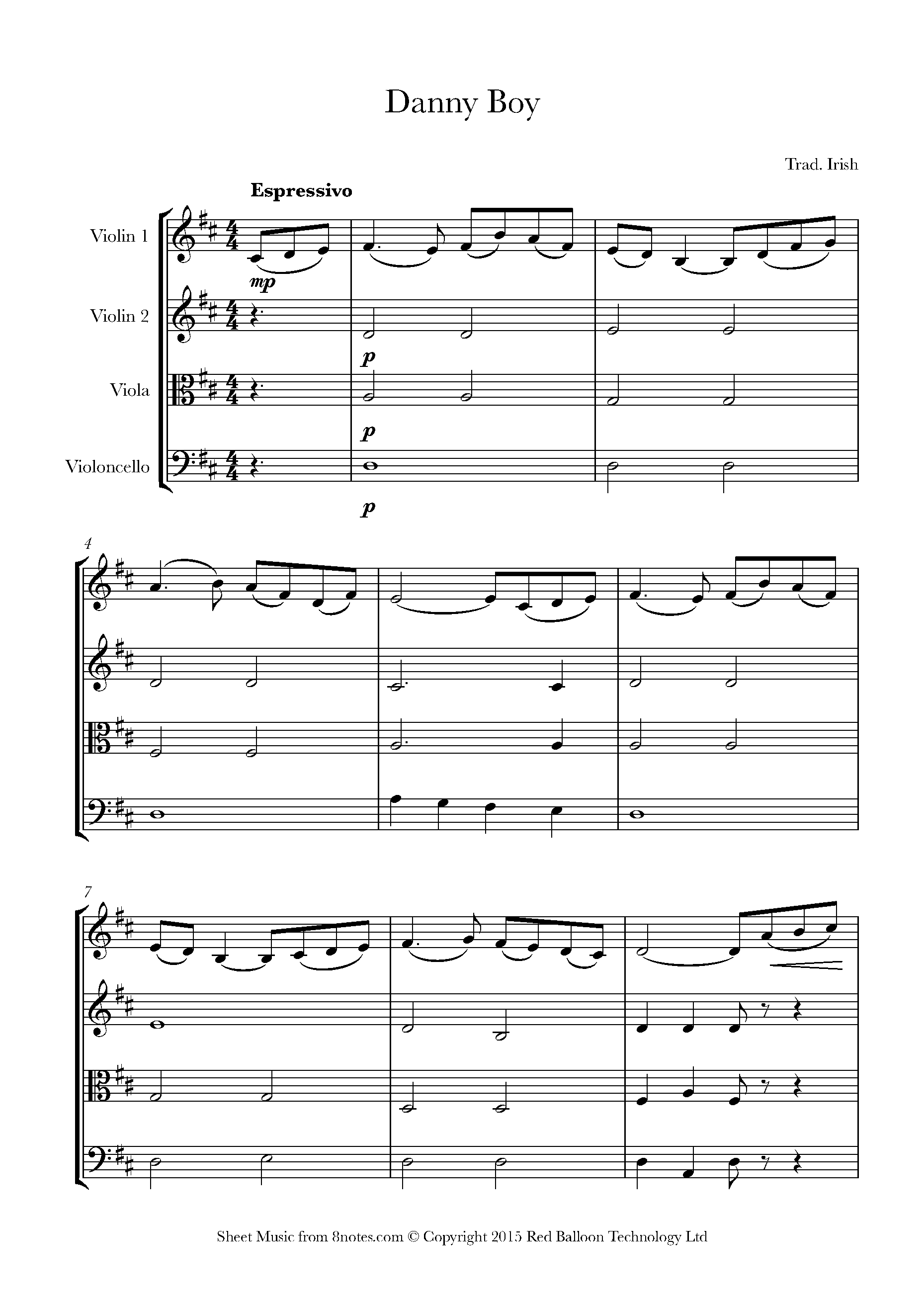 O Danny Boy (Londonderry Air) Sheet music for String Quartet - 8notes.com