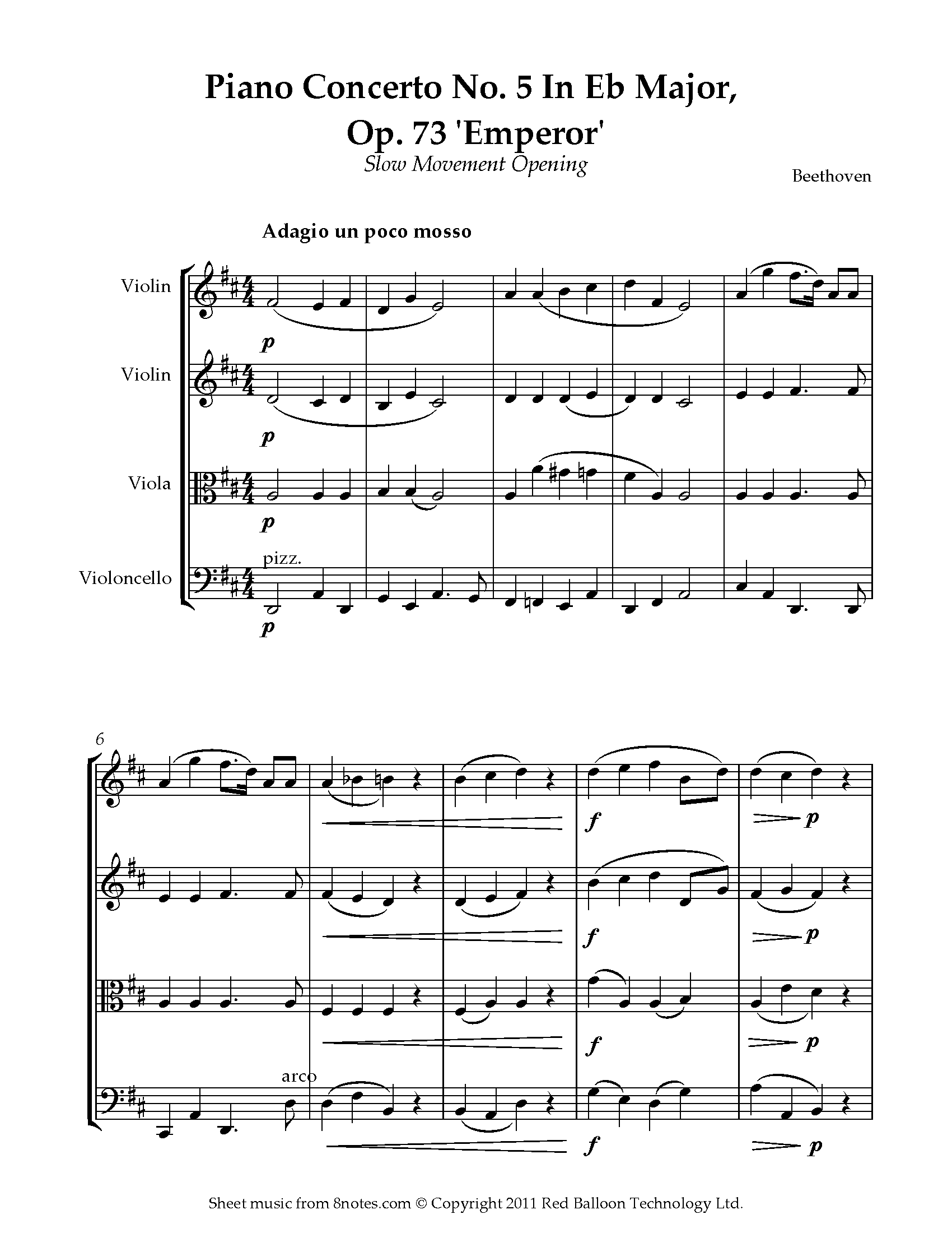 Beethoven - Piano Concerto No. 5 In Eb Major, Op. 73 Emperor - Adagio opening Sheet music for ...