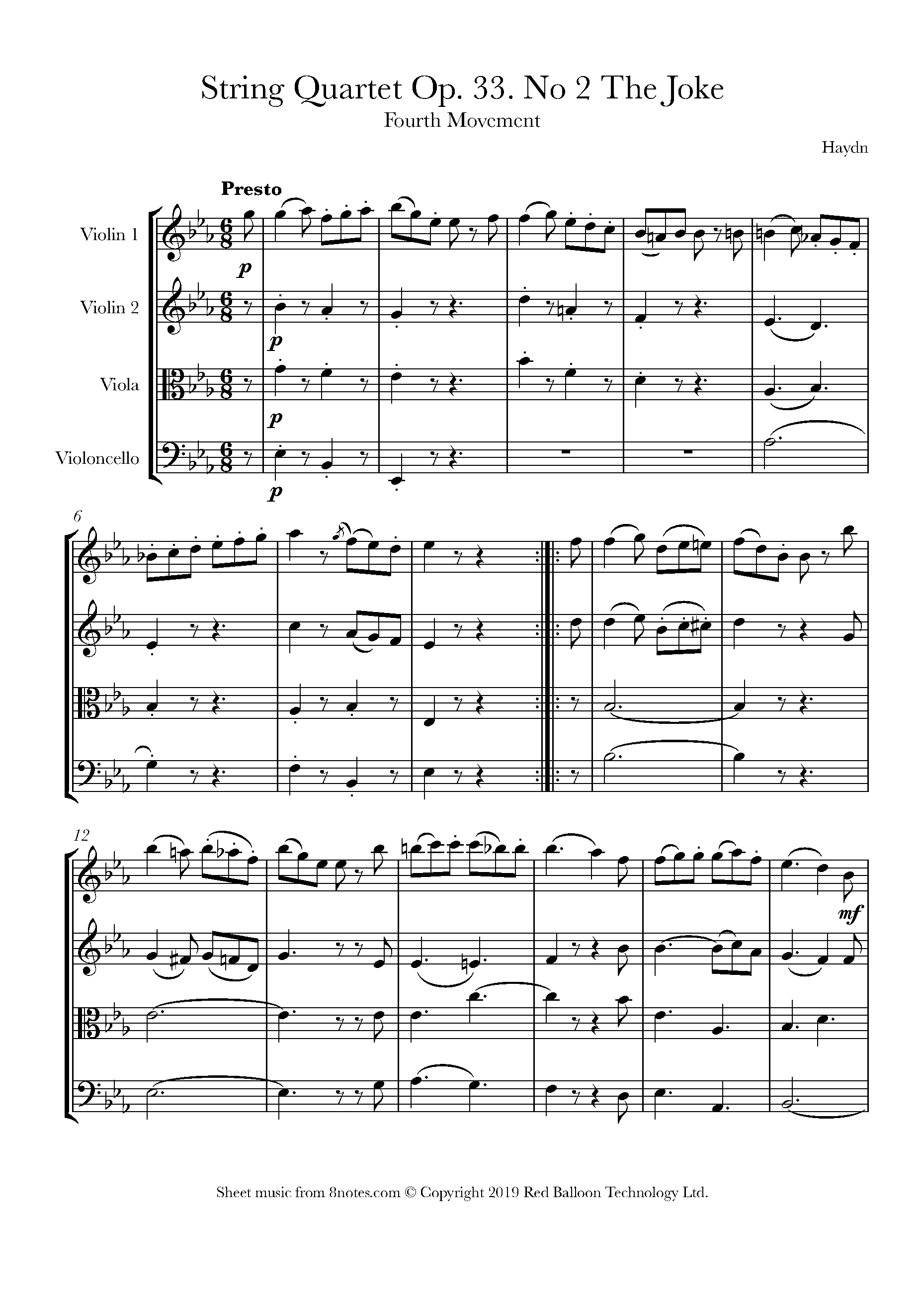 Haydn - String Quartet Op. 33. No 2 The Joke - 4th mvt Sheet music for ...