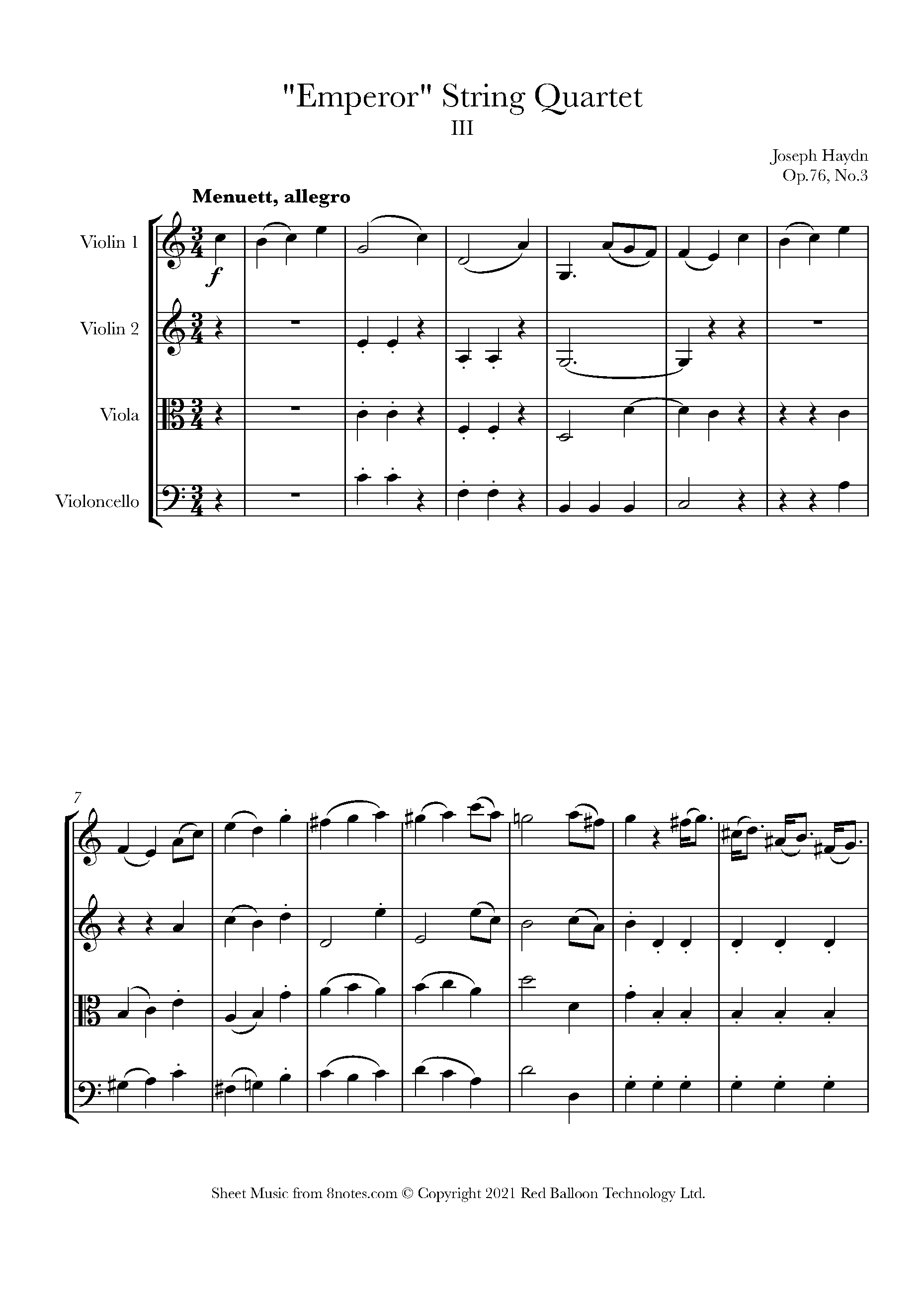 Haydn - Emperor String Quartet, Op.76, No.3, Third Movement Sheet music for String Quartet ...