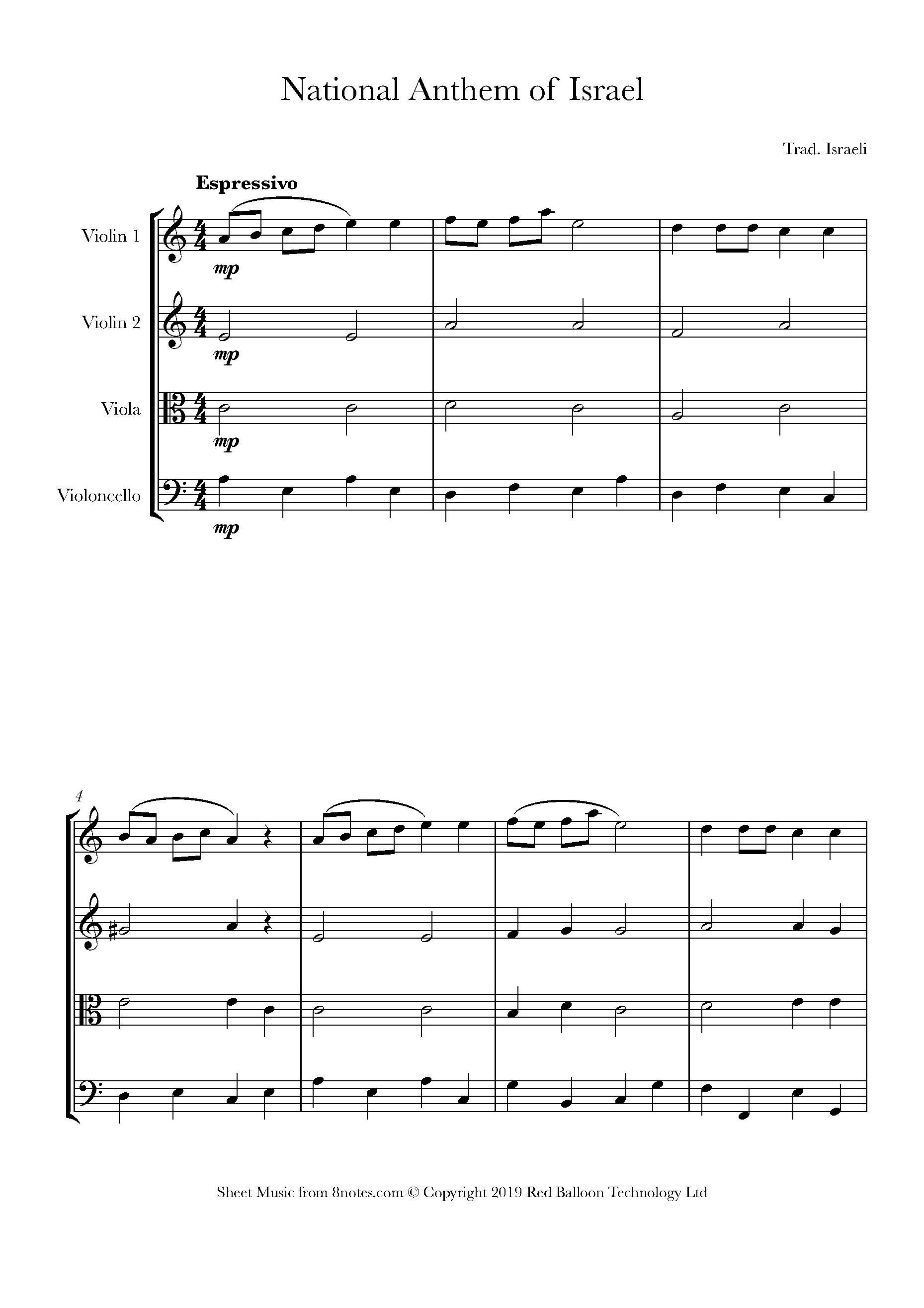 Israeli National Anthem (Hatikvah) Sheet music for String Quartet ...