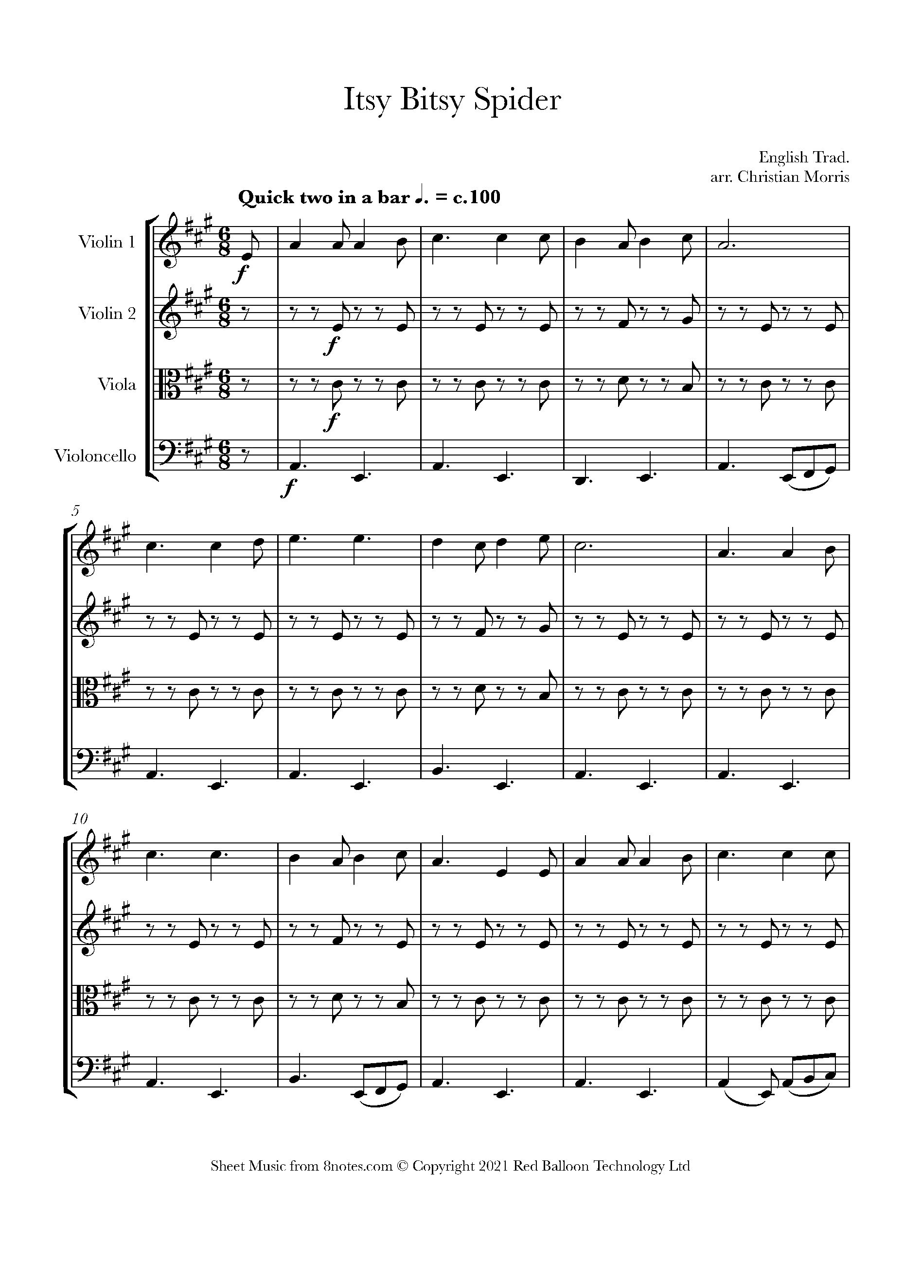 Itsy Bitsy Spider (English Traditional) Sheet music for String Quartet ...