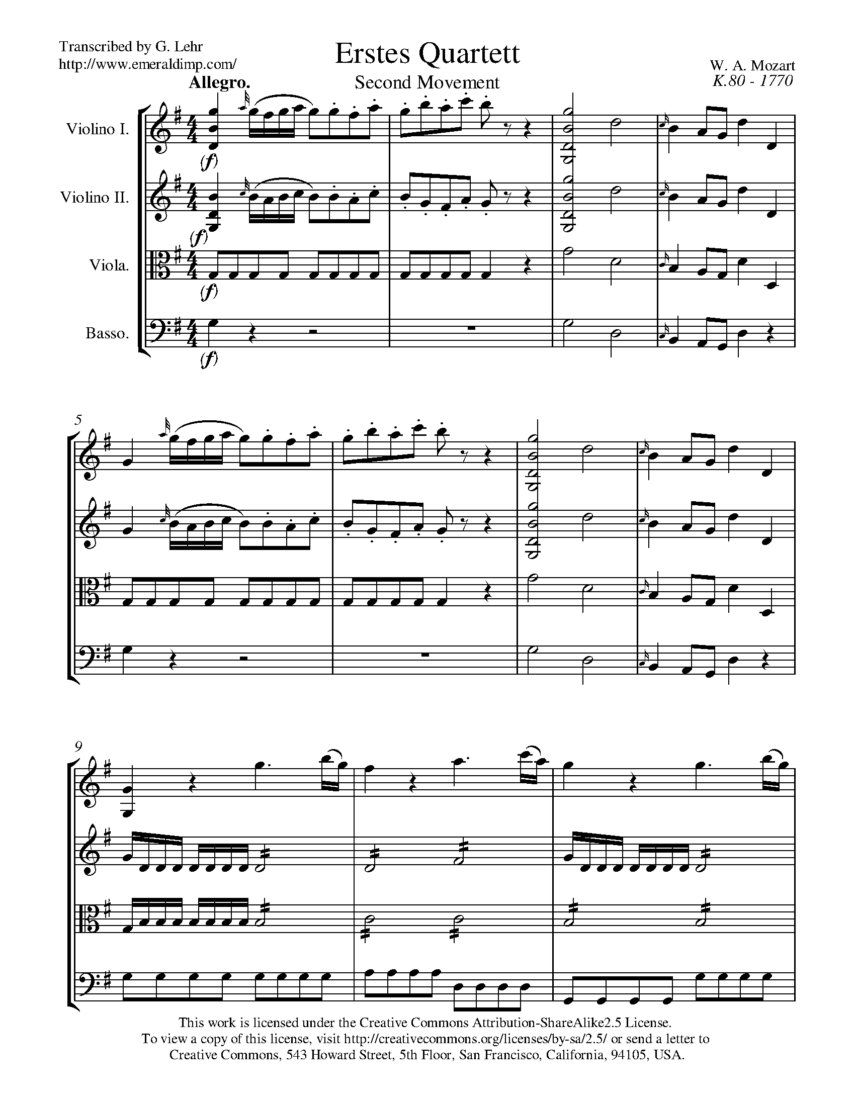 Mozart - Quartet no.1 K80 2nd Movement Sheet music for String Quartet ...