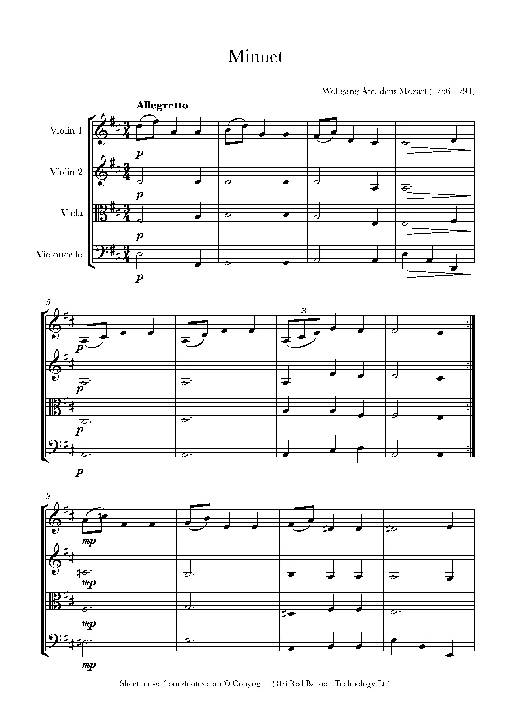 Mozart - Minuet Sheet music for String Quartet - 8notes.com