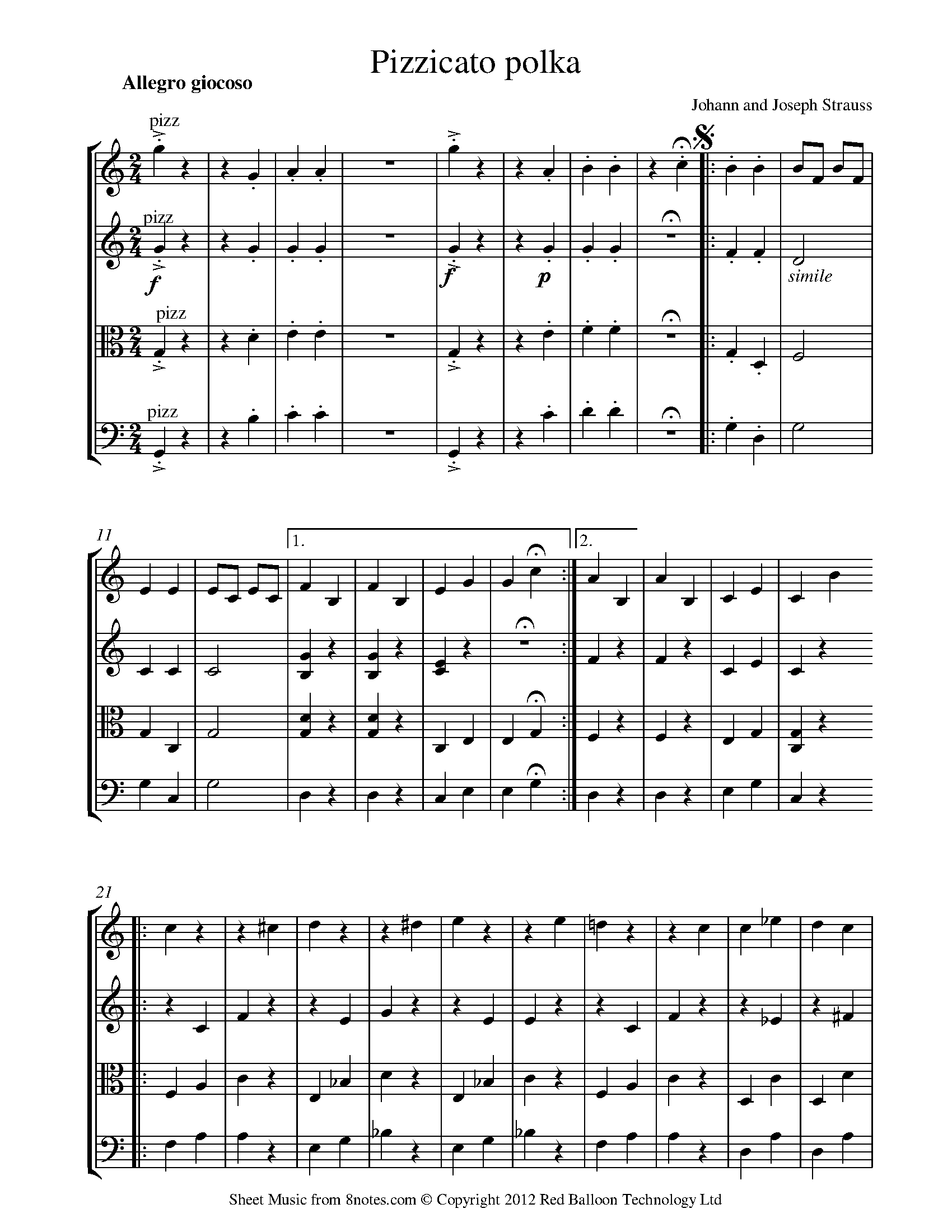 Strauss II - Pizzicato Polka Sheet music for String Quartet - 8notes.com