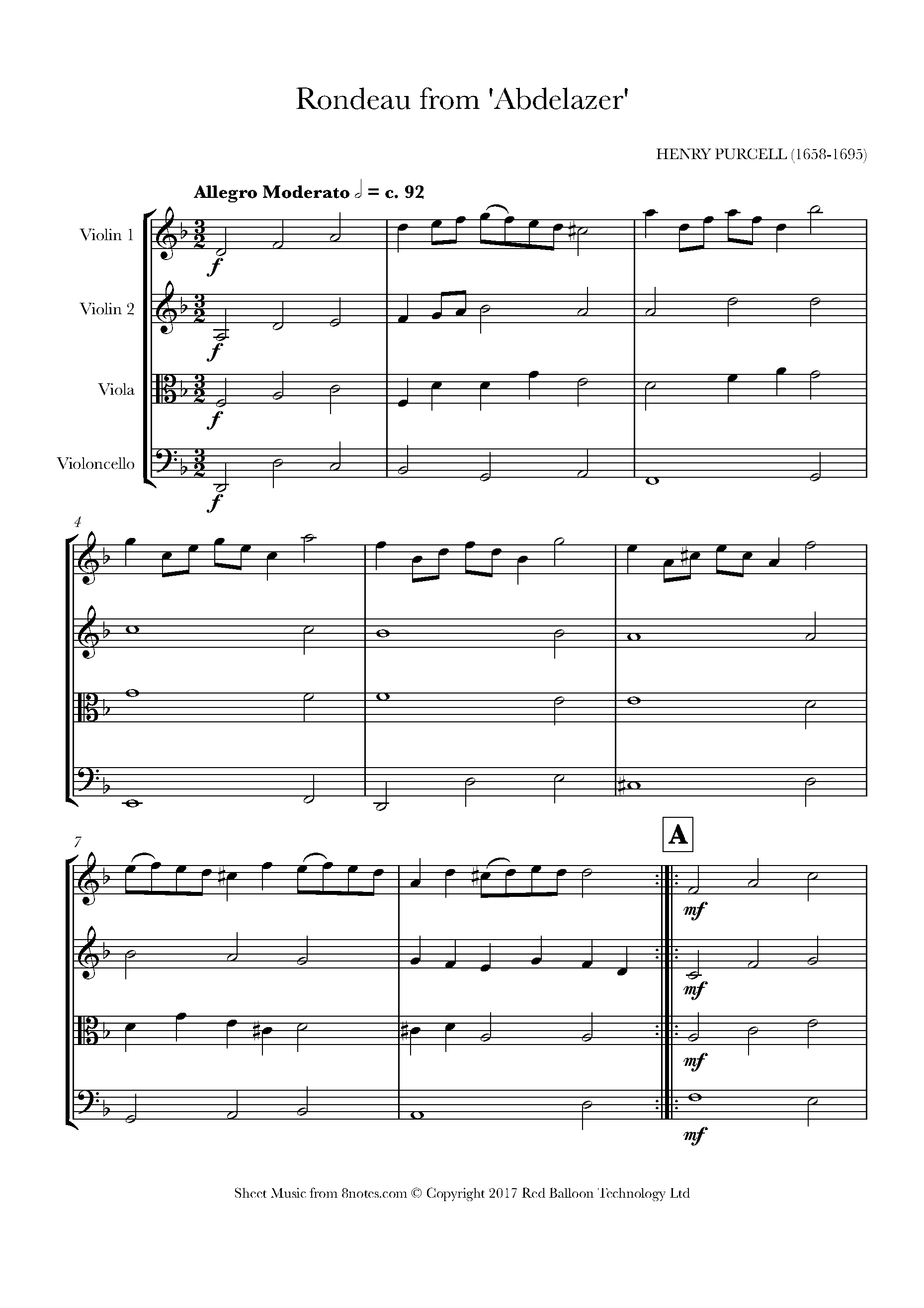 Purcell - Rondeau from Abdelazer Sheet music for String Quartet ...