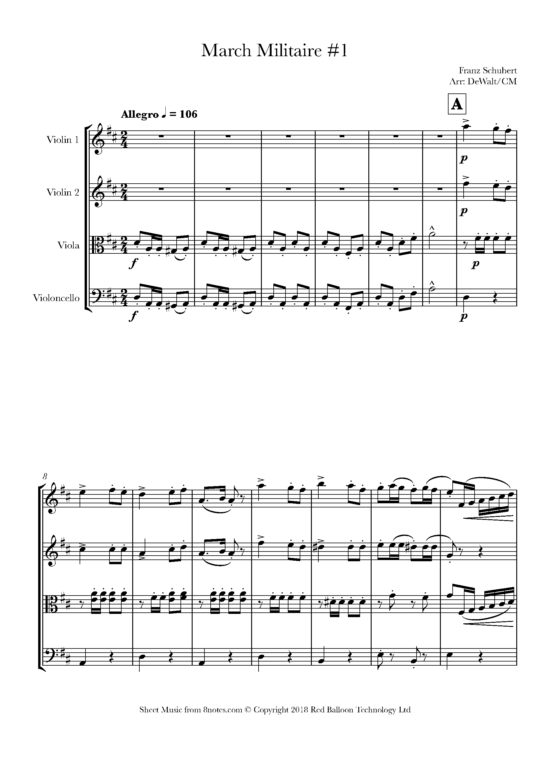 Schubert - March Militaire No.1 Sheet music for String Quartet - 8notes.com