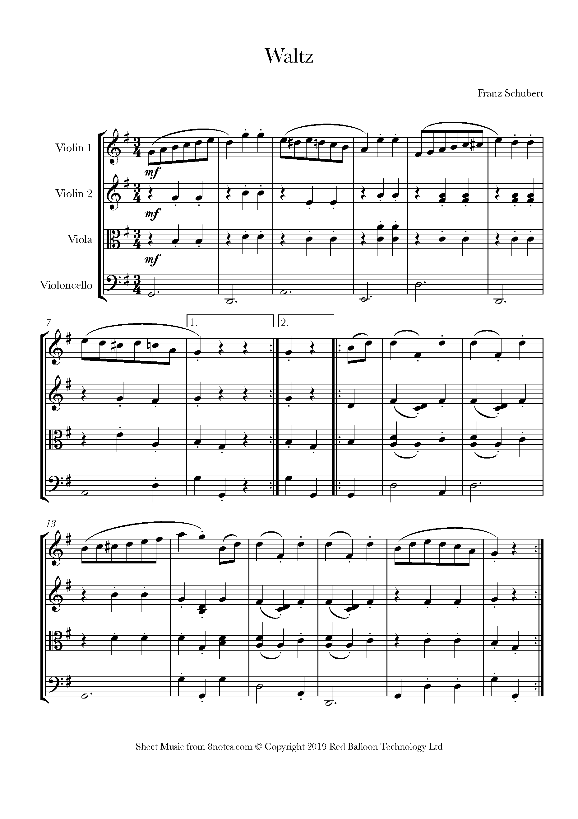 Schubert - Waltz in A Sheet music for String Quartet - 8notes.com