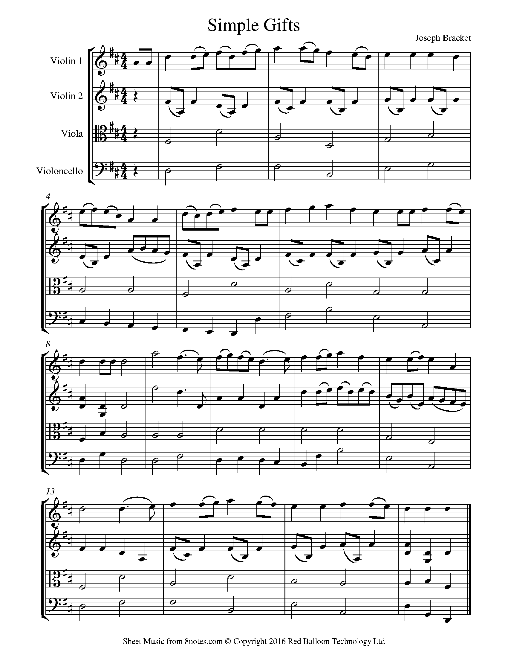 Joseph Brackett - Simple Gifts Sheet music for String Quartet - 8notes.com