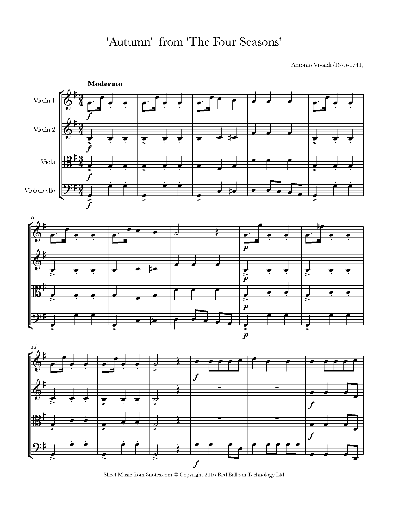 Vivaldi - Autumn from the Four Seasons Sheet music for String Quartet ...