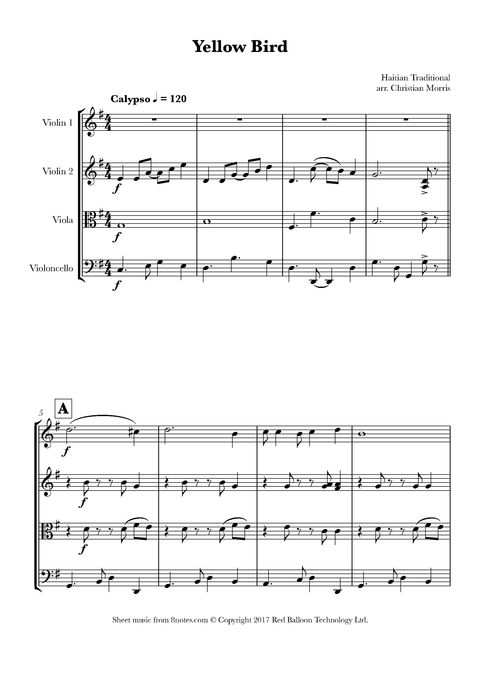 Yellow Bird Sheet music for String Quartet - 8notes.com
