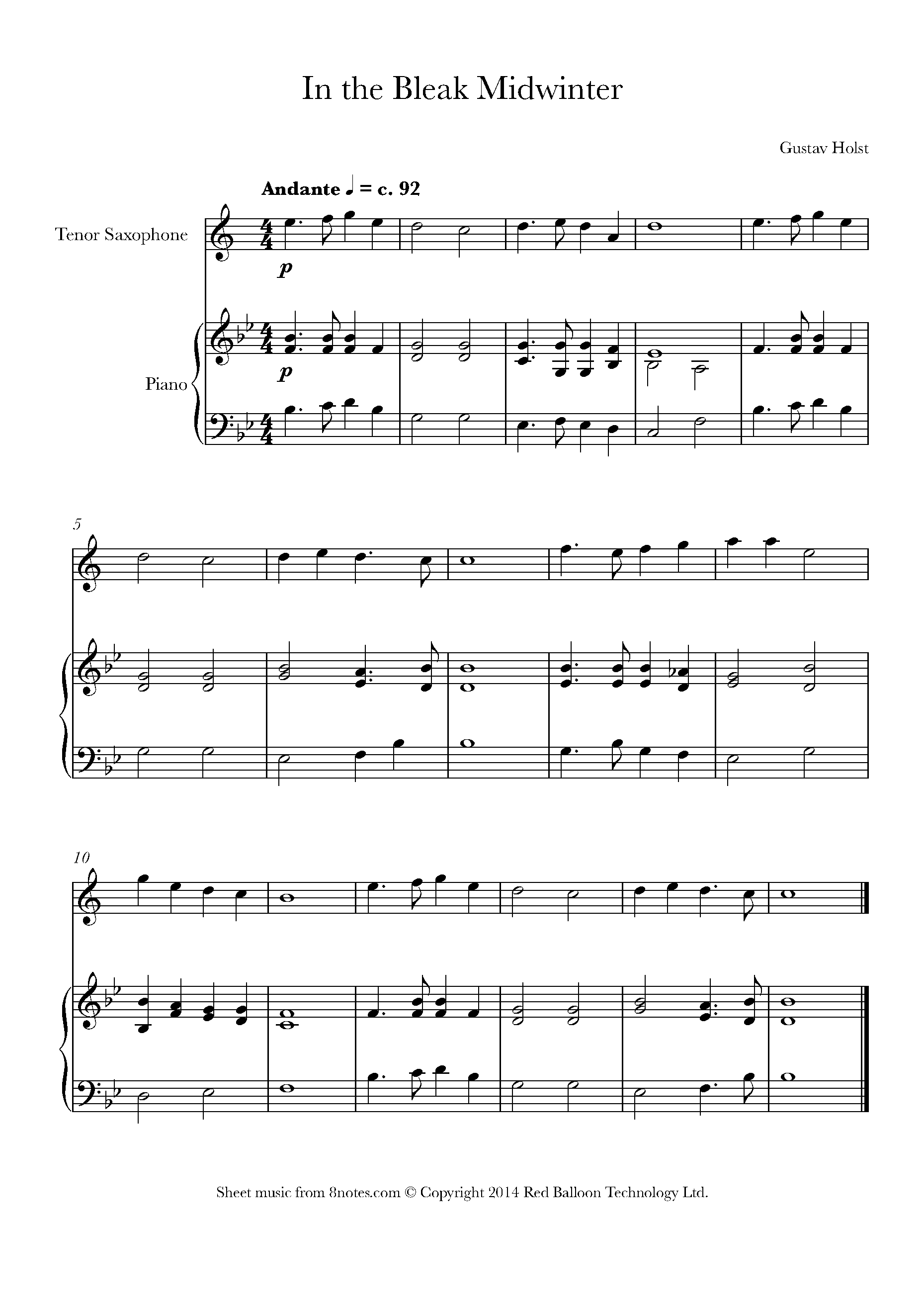 Holst - In the Bleak Midwinter Sheet music for Tenor Saxophone - 8notes.com