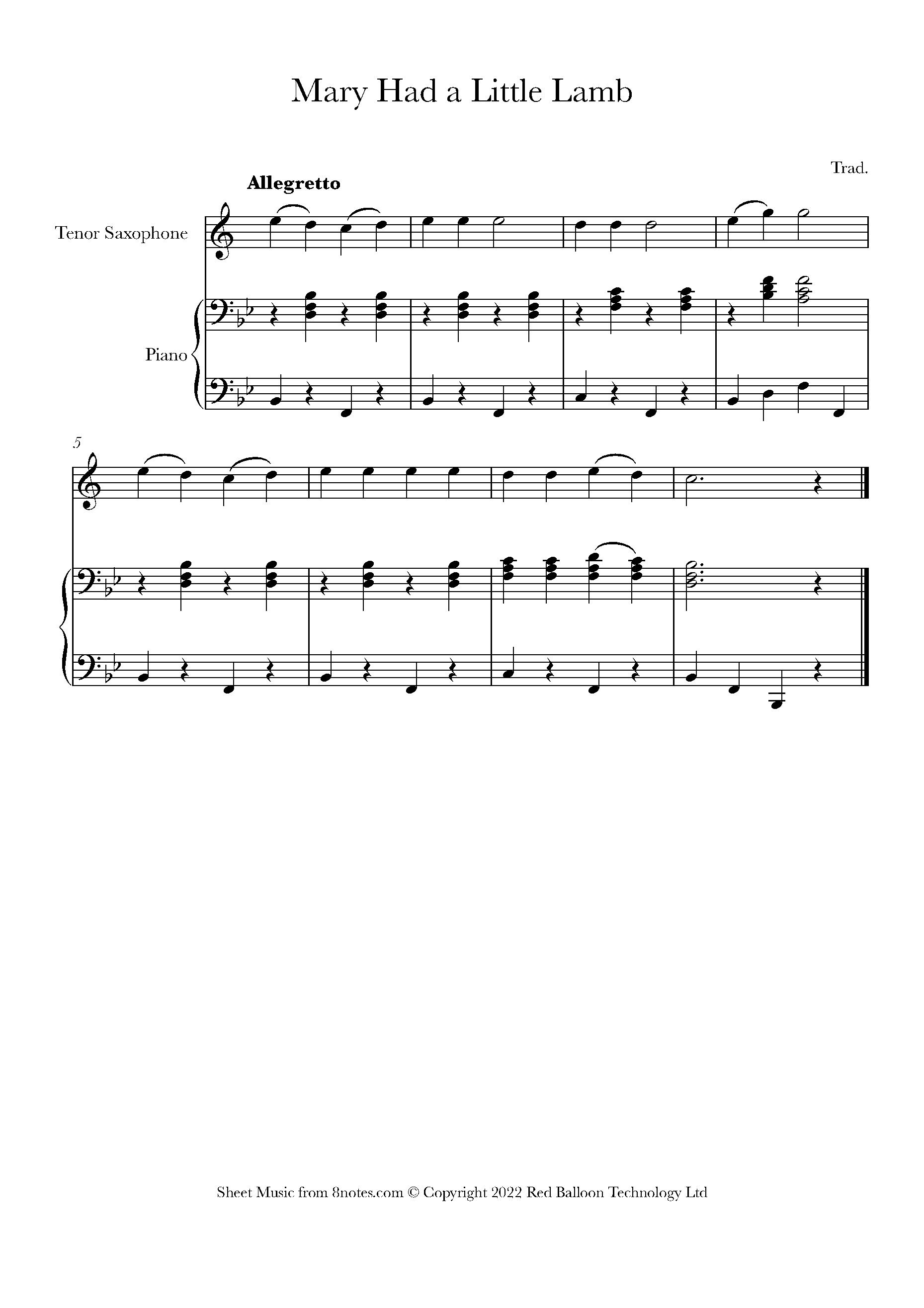 Mary Had A Little Lamb Sheet music for Tenor Saxophone - 8notes.com