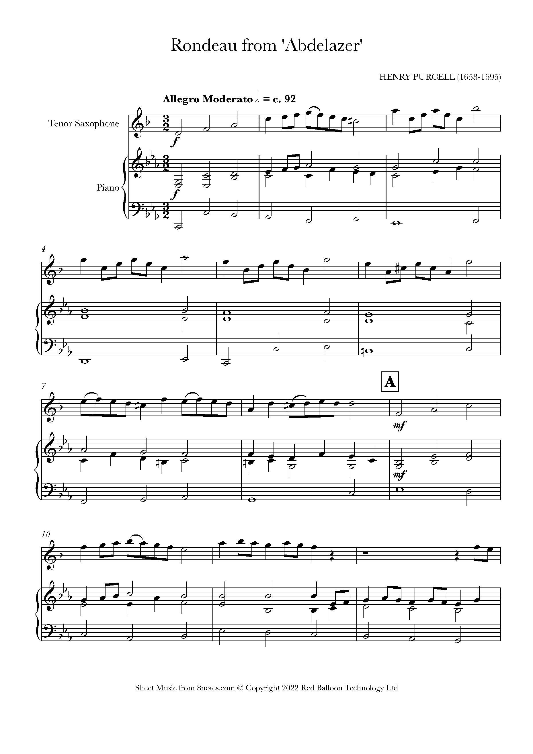 Purcell - Rondeau from Abdelazer Sheet music for Tenor Saxophone ...