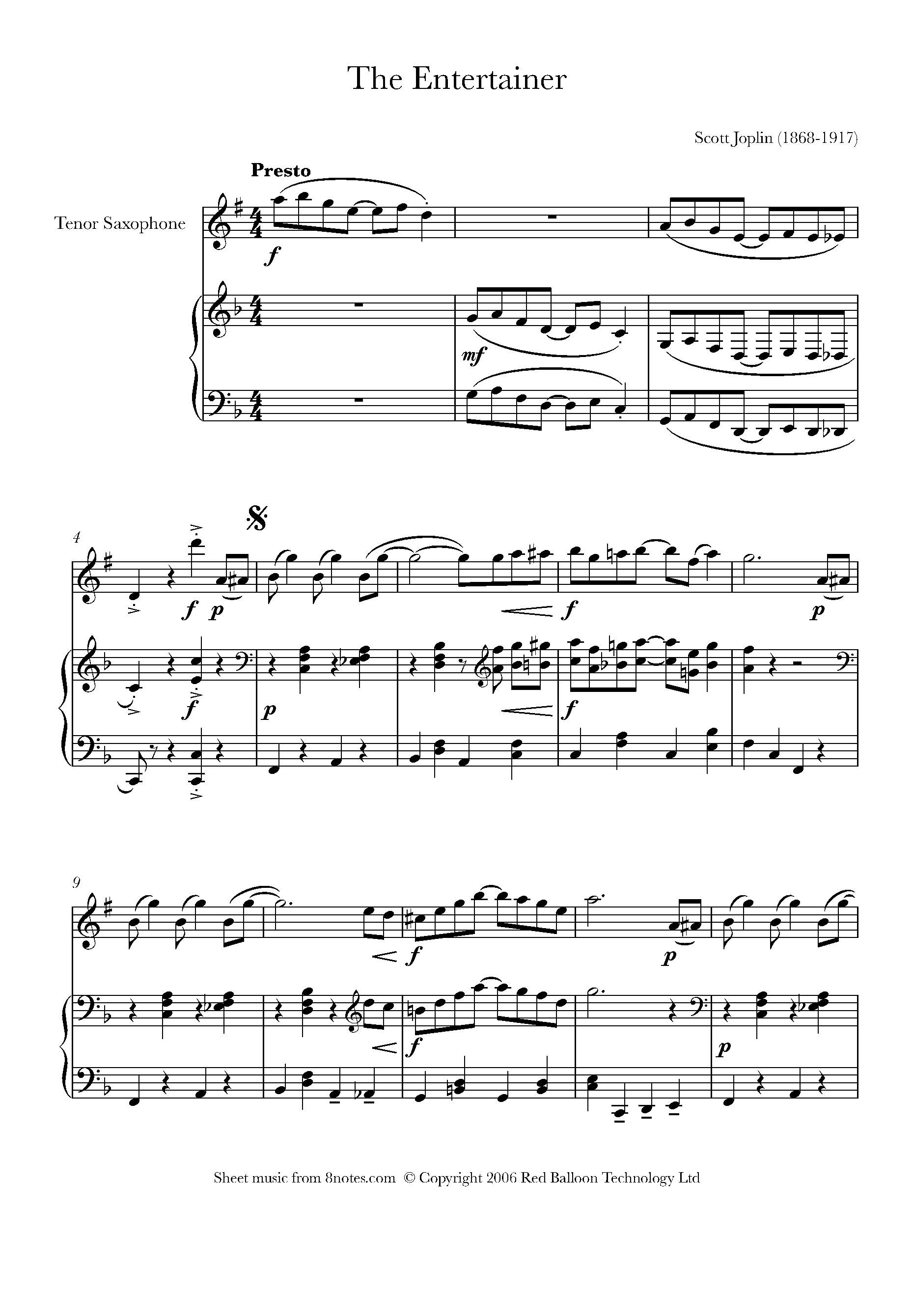 Scott Joplin - The Entertainer Sheet music for Tenor Saxophone - 8notes.com