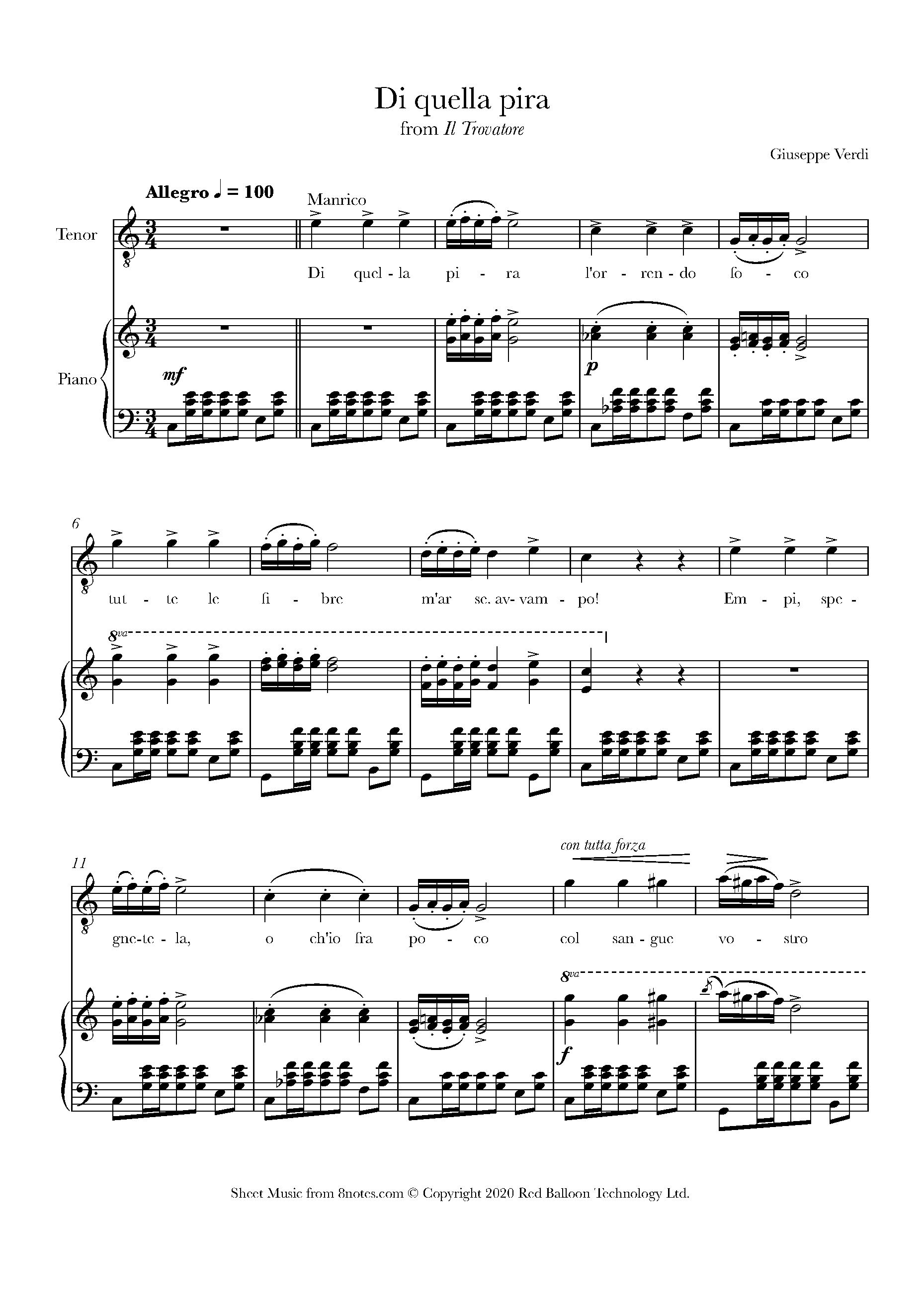 Verdi - Di quella pira from Il Trovatore Sheet music for Tenor Voice ...
