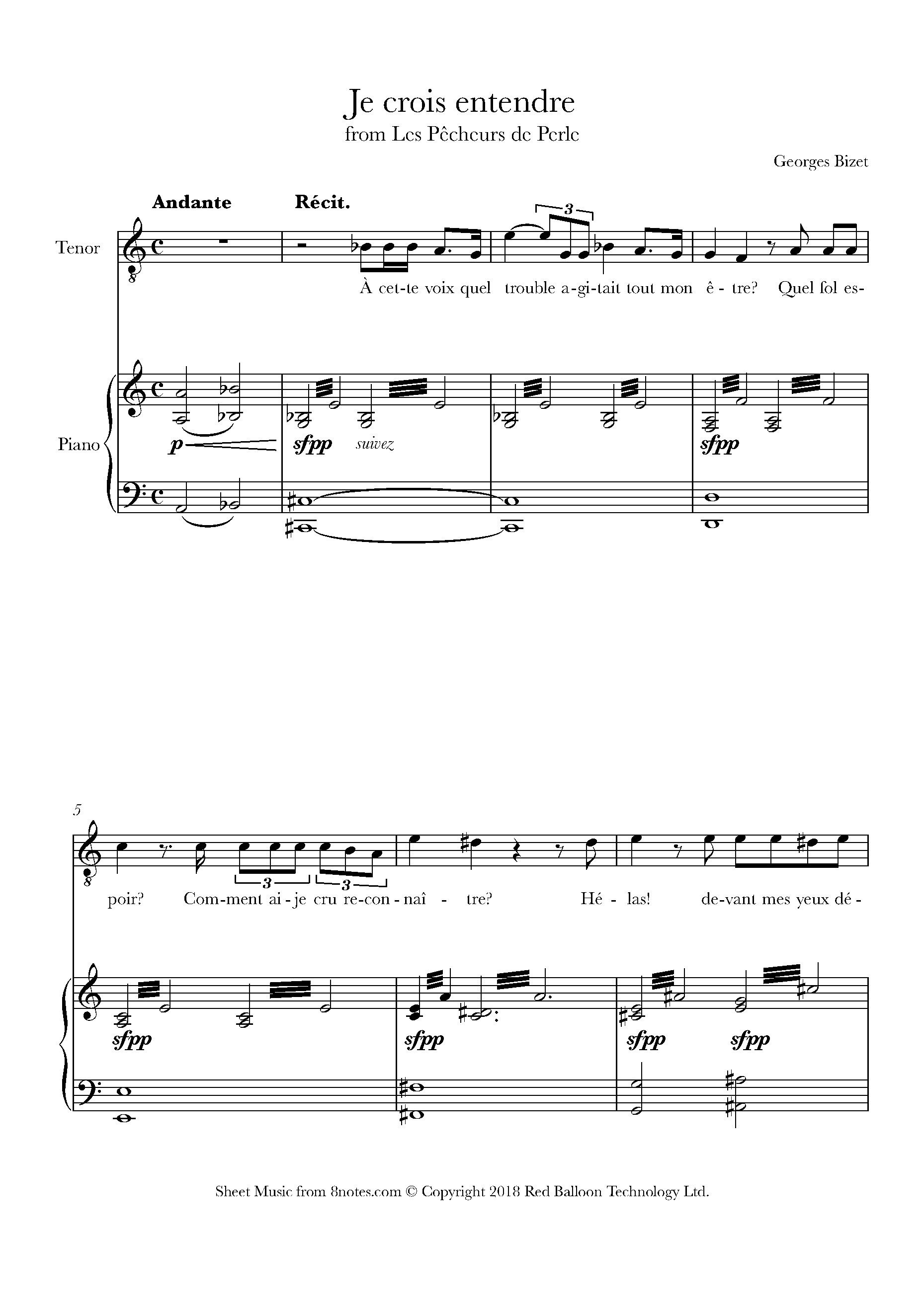 Bizet - Je crois entendre from The Pearl Fishers Sheet music for Tenor ...