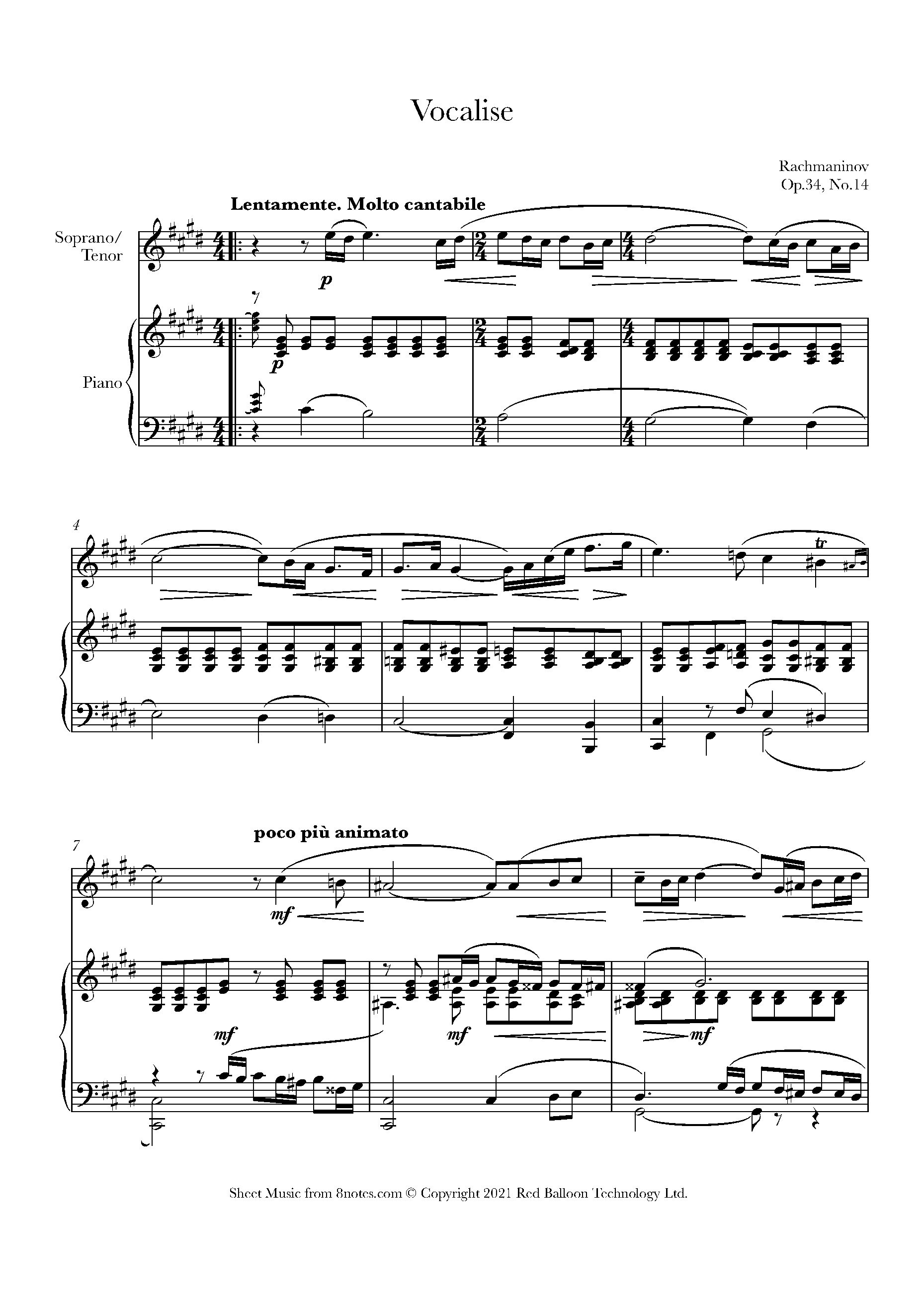 Rachmaninoff - Vocalise, Op.34, No.14 Sheet music for Tenor Voice ...