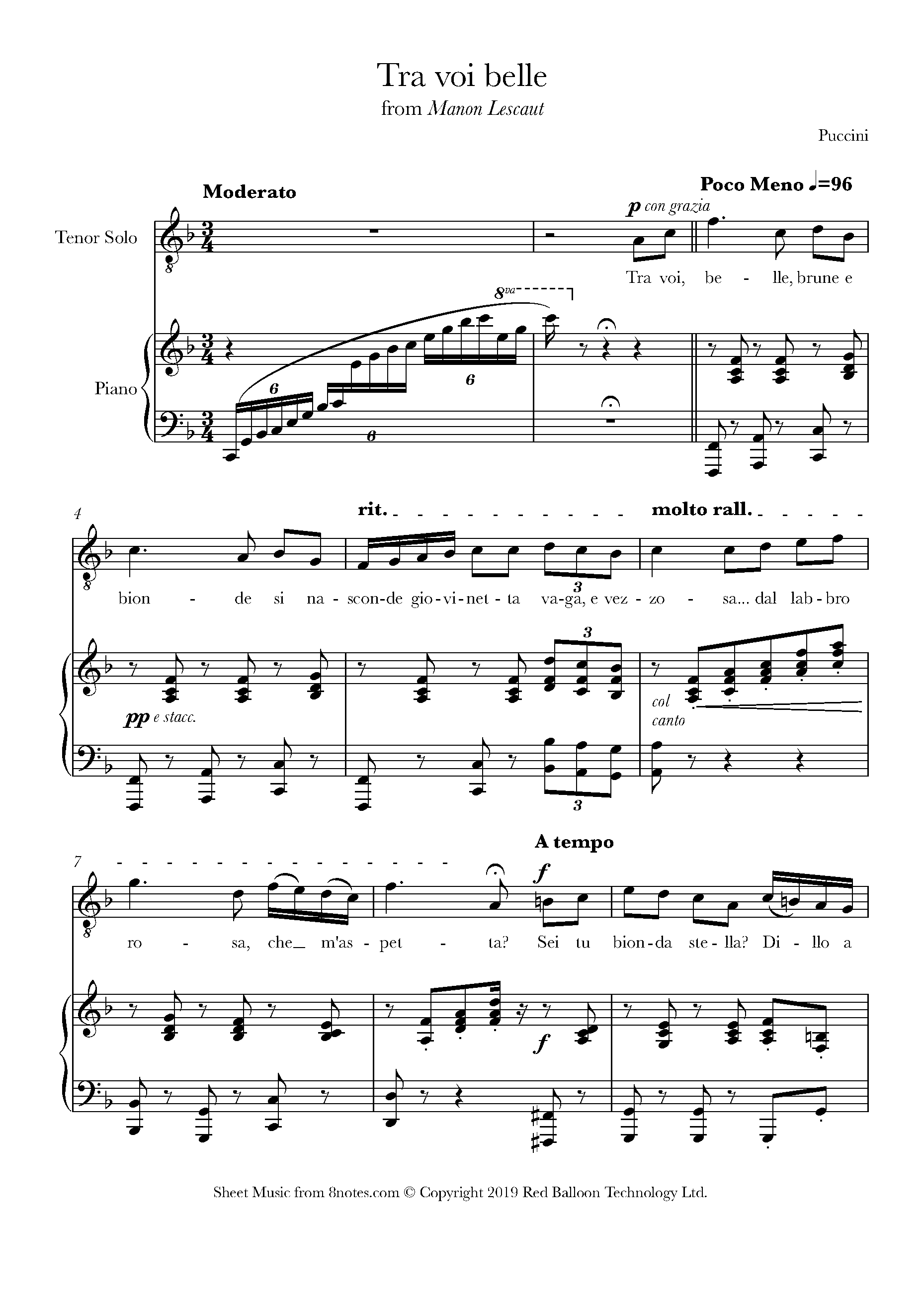 Puccini - Tra Voi Belle from Manon Lescaut Sheet music for Tenor Voice ...