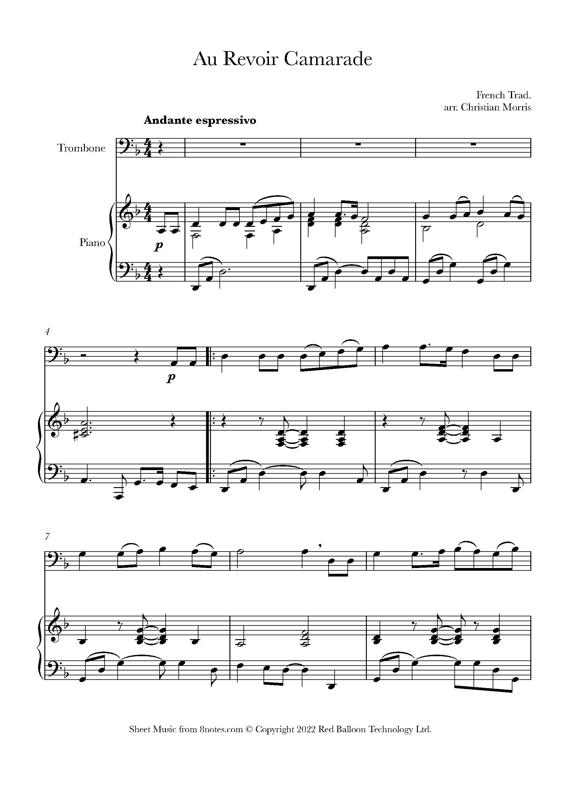 Au Revoir Camarade (French Trad.) Sheet music for Trombone - 8notes.com