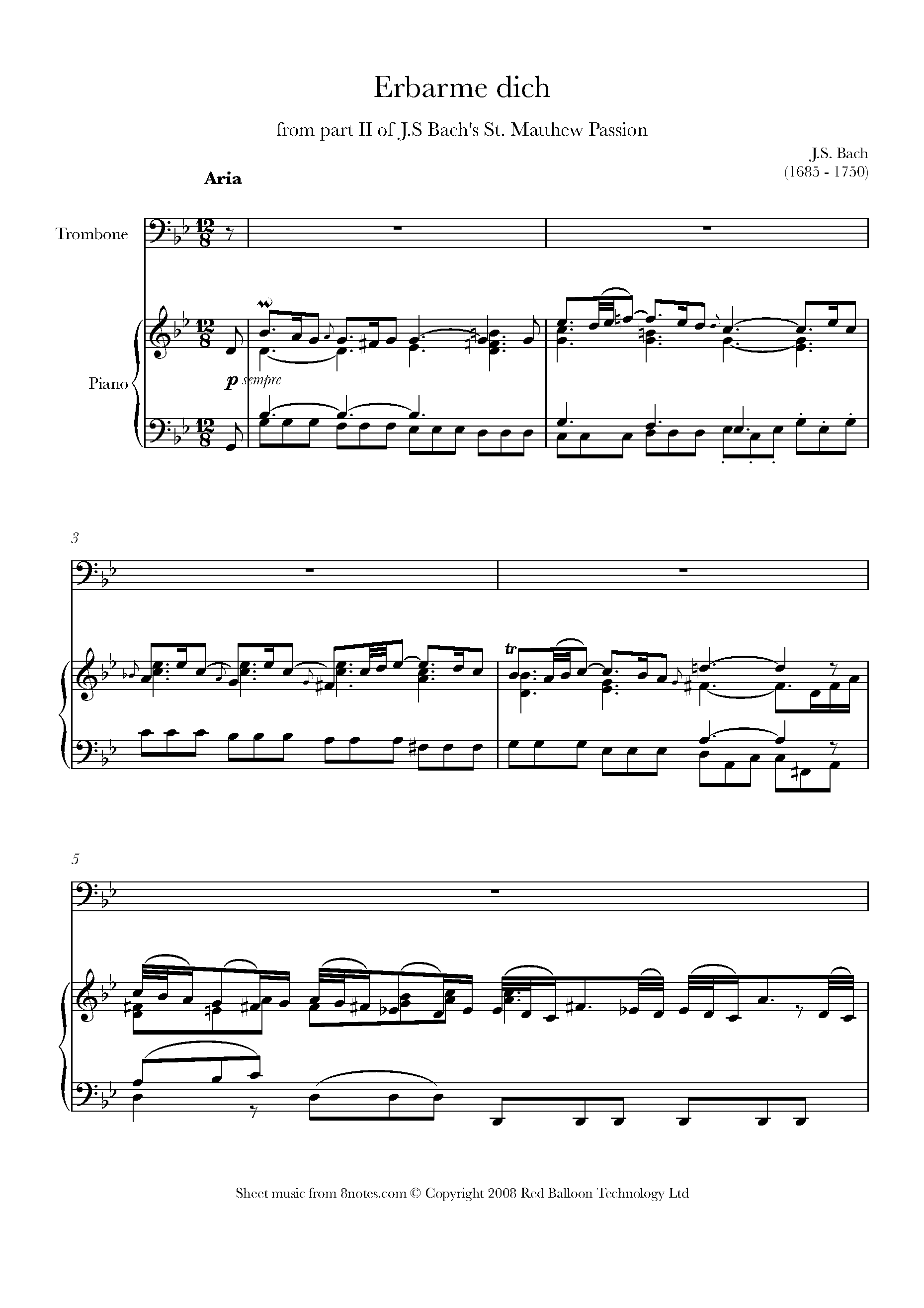 Bach - Erbarme dich from Matthew Passion Sheet music for Trombone ...
