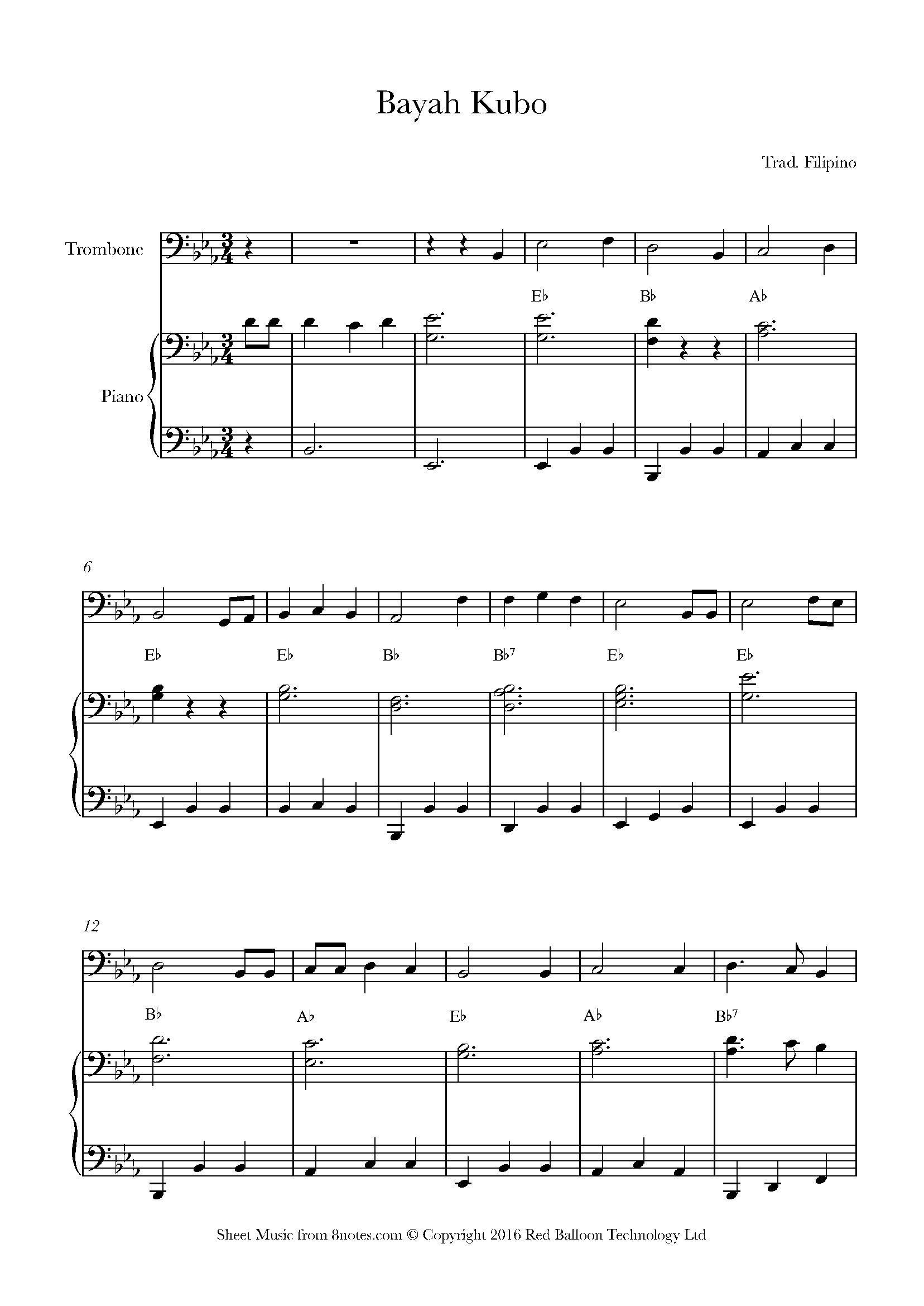 Bahay Kubo (Nipa Hut) Sheet music for Trombone - 8notes.com