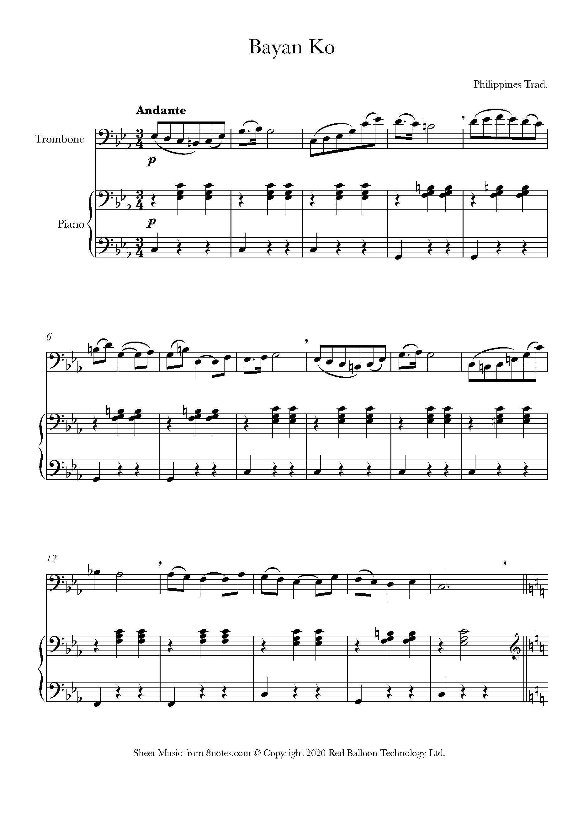Bayan Ko (Philippines Trad.) Sheet music for Trombone - 8notes.com