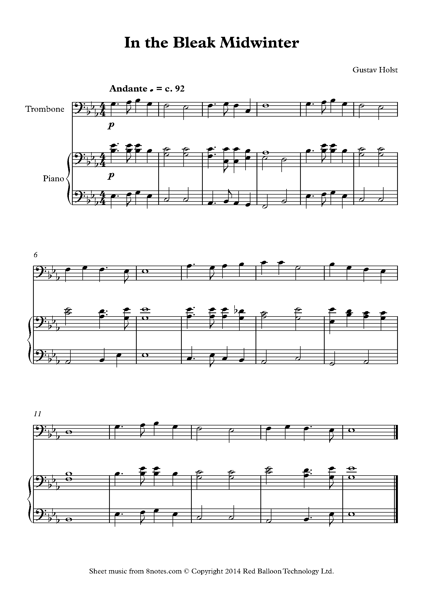 Holst - In the Bleak Midwinter Sheet music for Trombone - 8notes.com