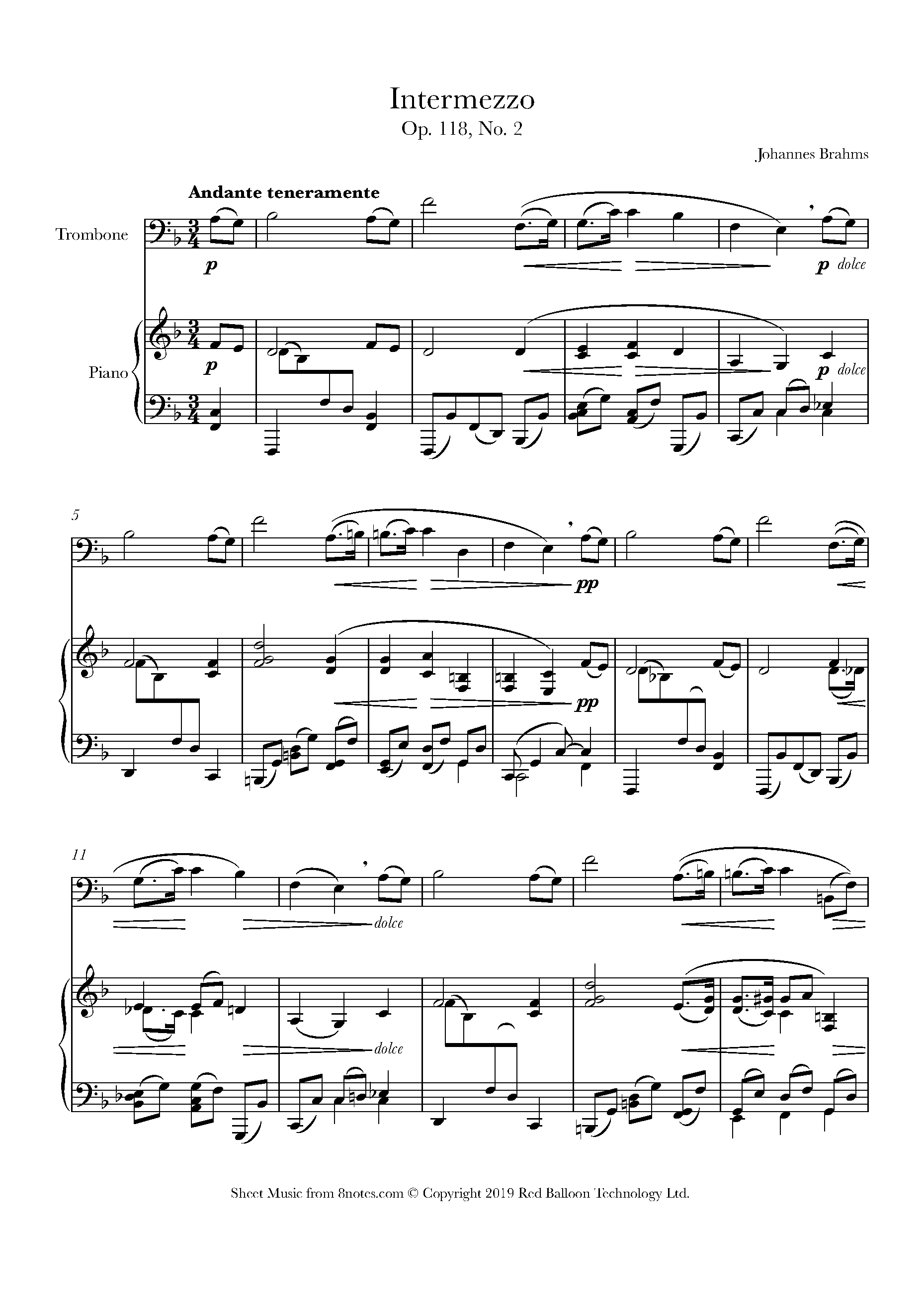 Brahms - Intermezzo, A Major Op.118 No.2 Sheet music for Trombone ...